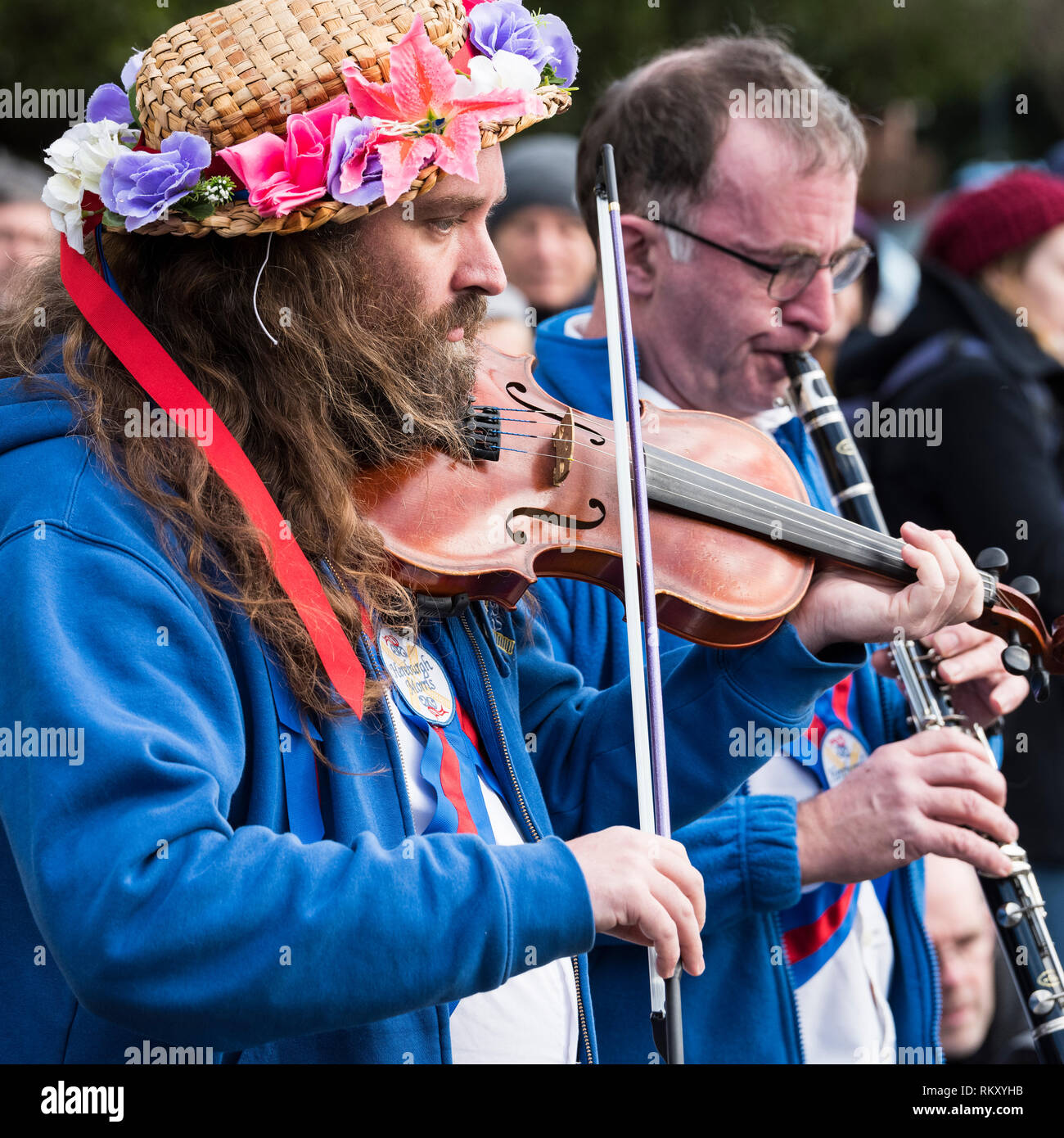 English morris dancers in traditional costume, including flowers and ...
