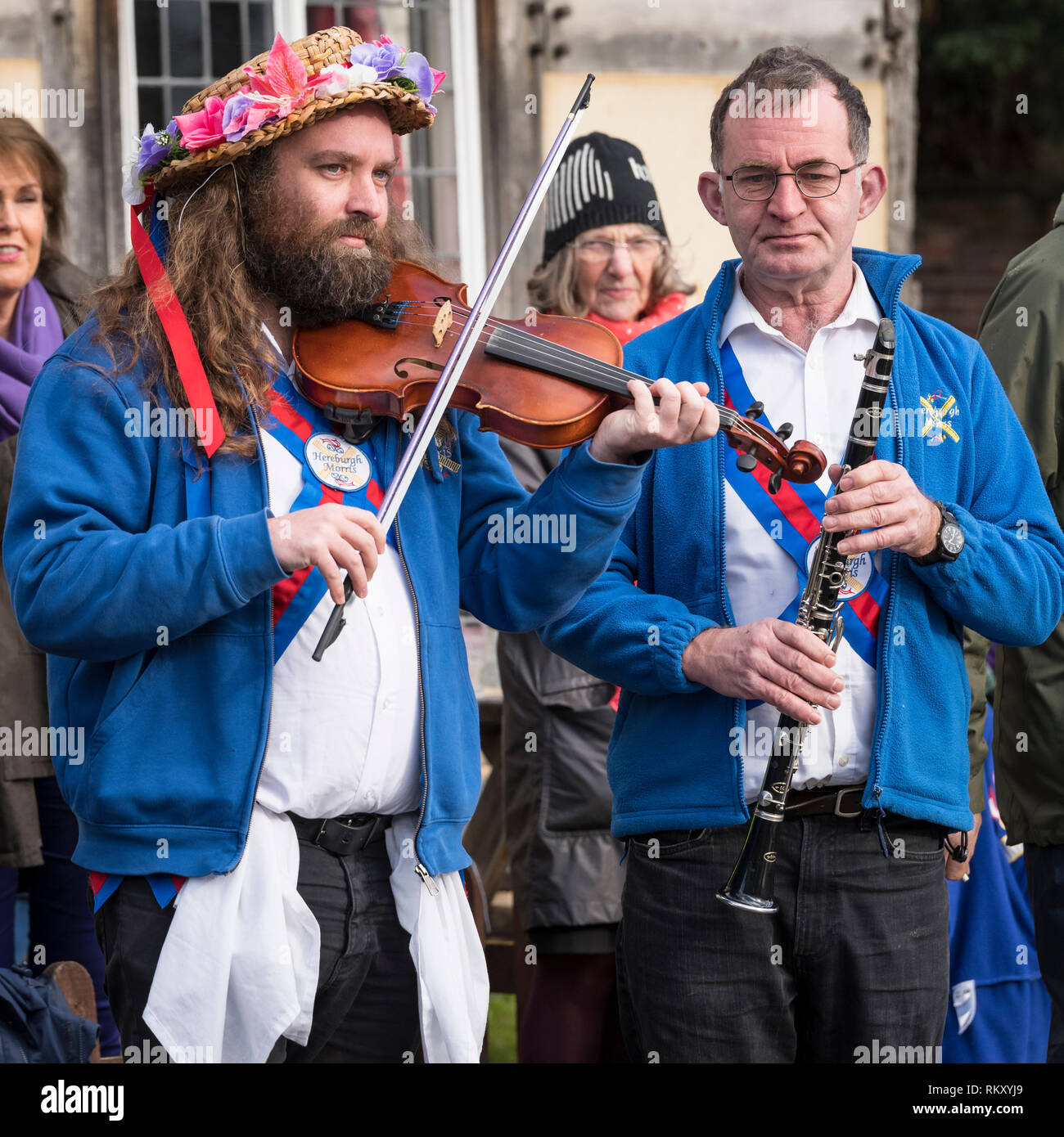 English morris dancers in traditional costume, including flowers and ...