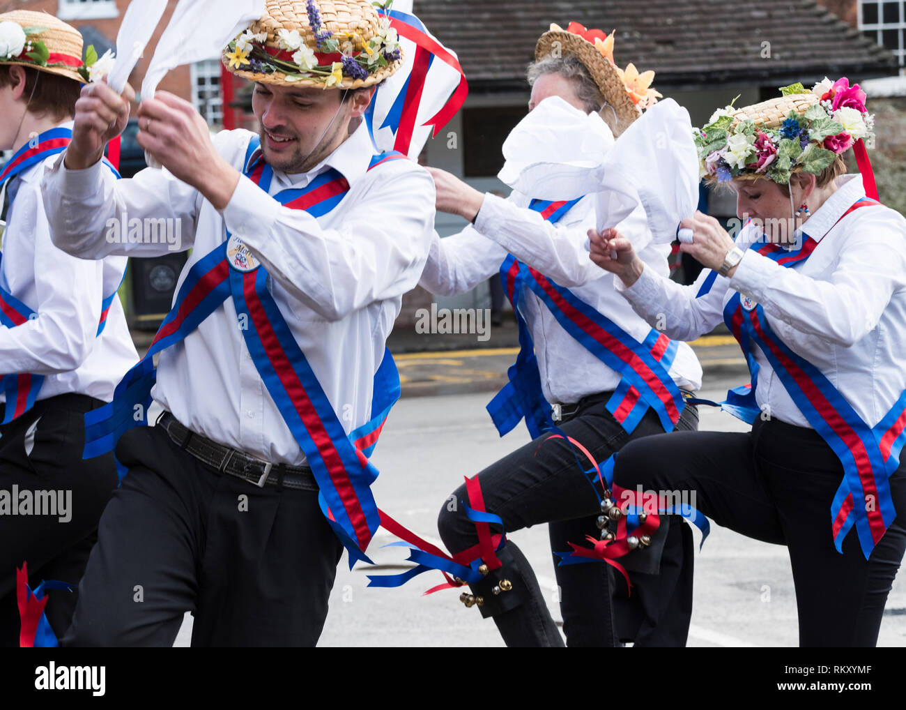English morris dancers in traditional costume, including flowers and ...