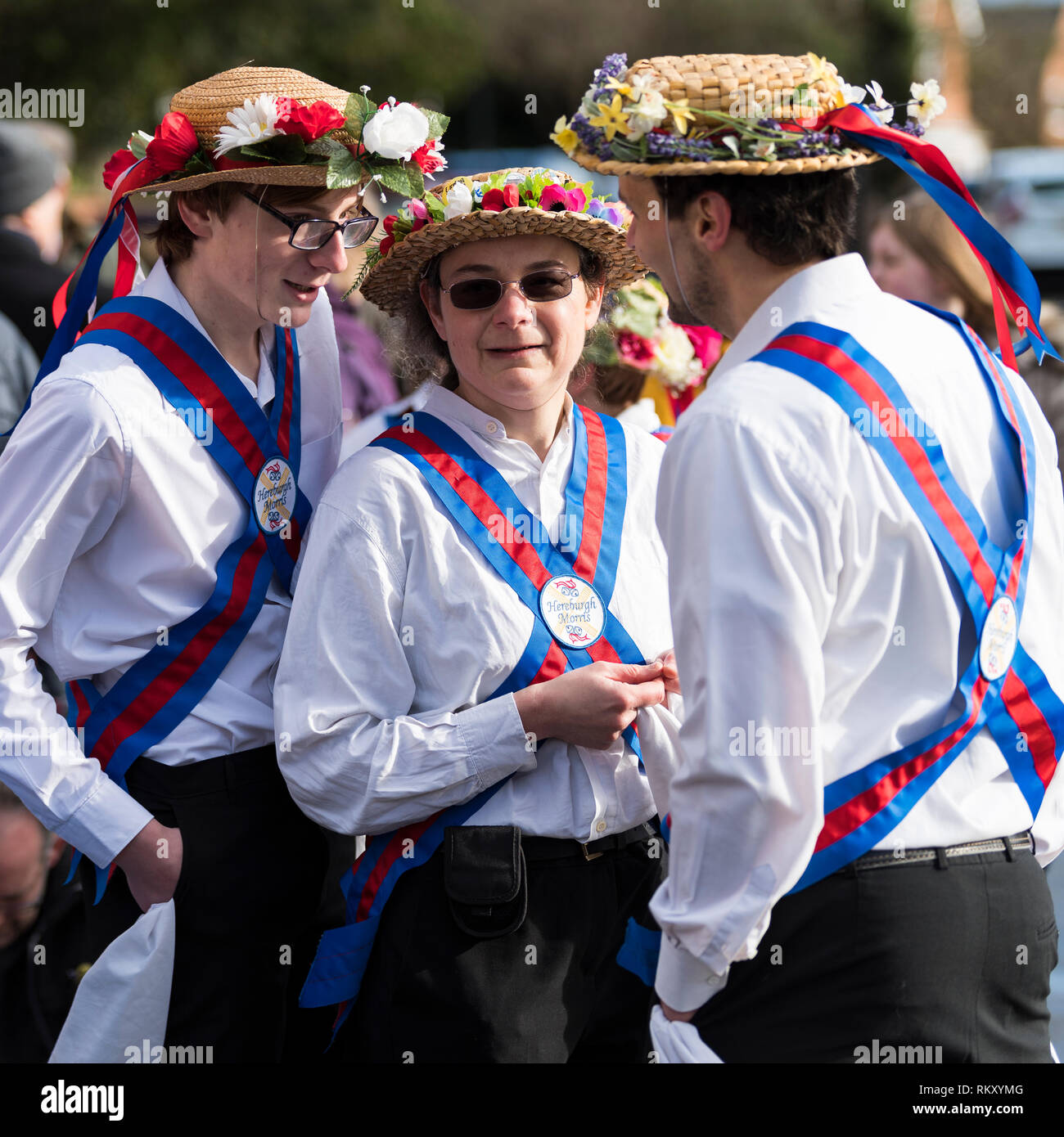 English morris dancers in traditional costume, including flowers and ...