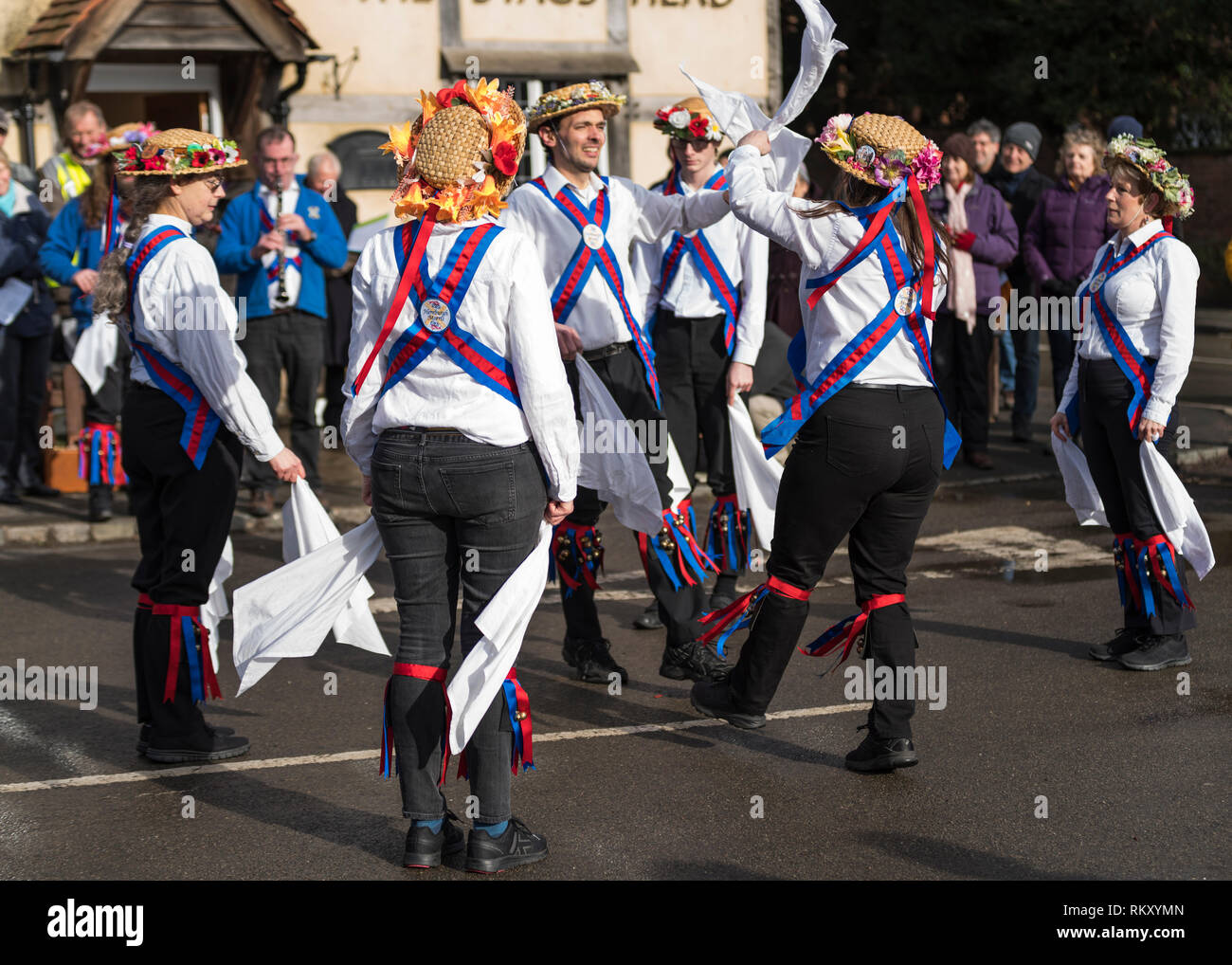 English morris dancers in traditional costume, including flowers and ...