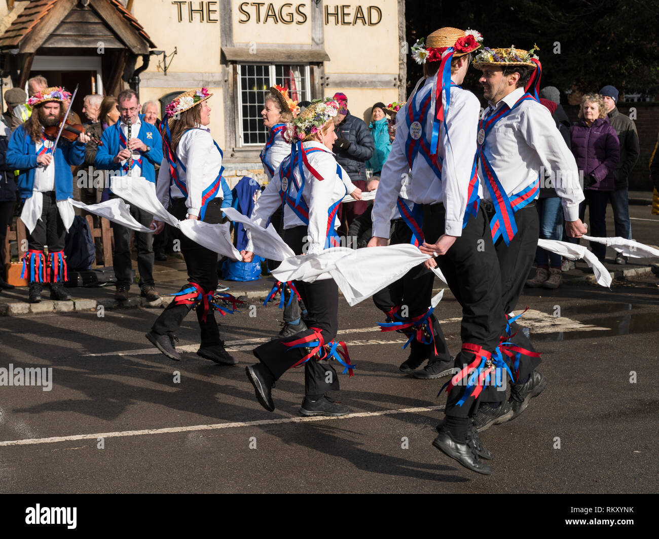 English morris dancers in traditional costume, including flowers and ...