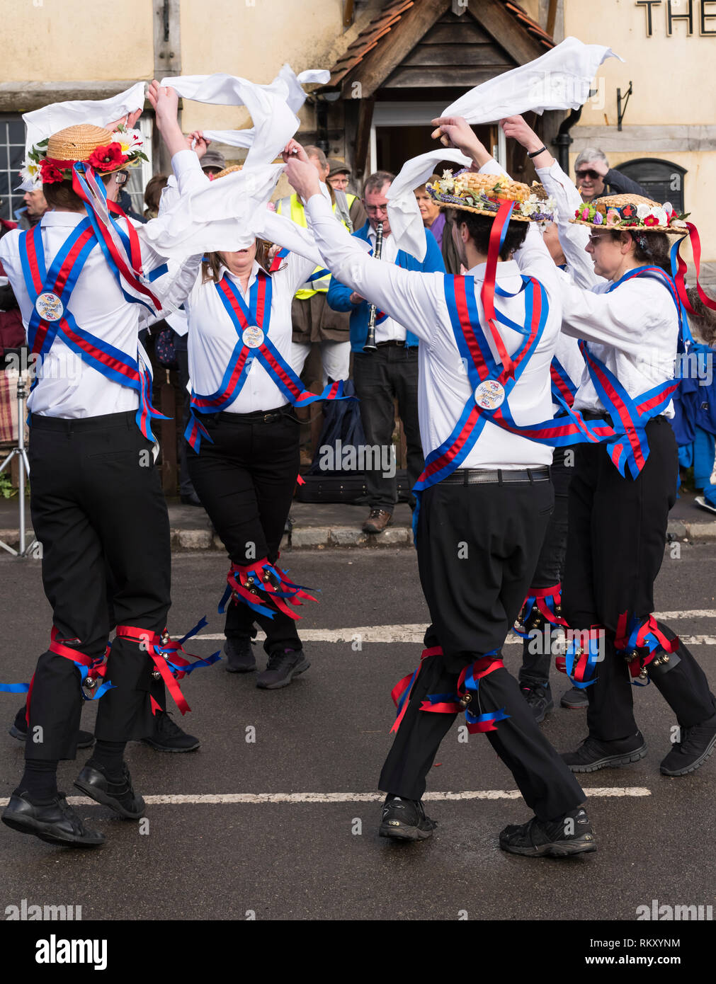 English morris dancers in traditional costume, including flowers and ...