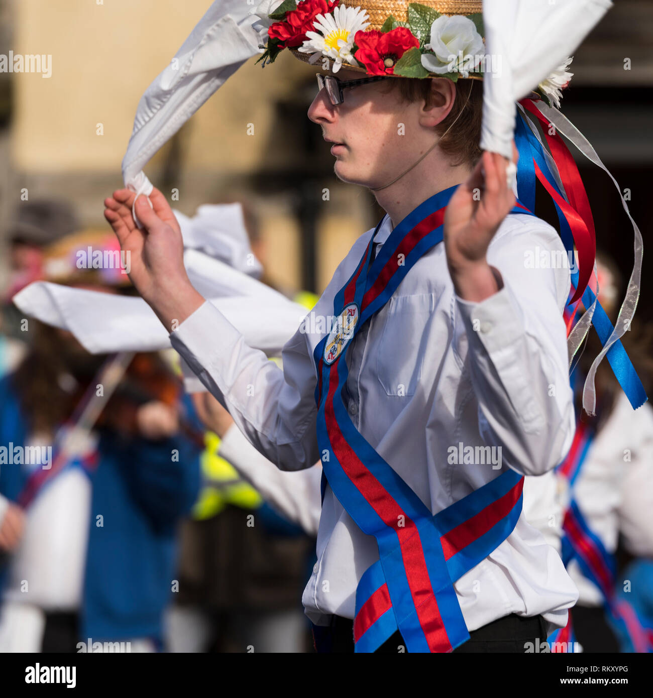 English morris dancers in traditional costume, including flowers and ...