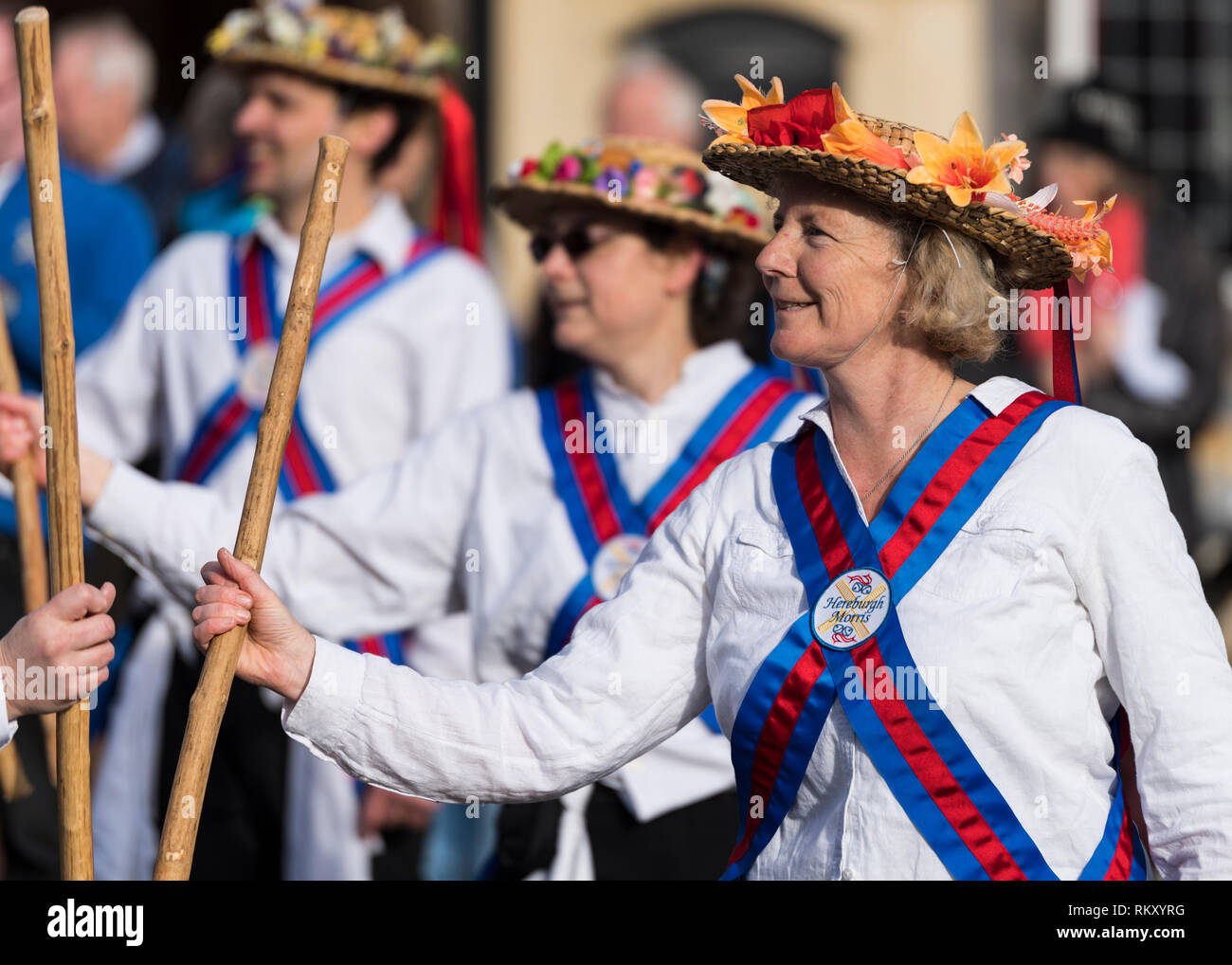 English morris dancers in traditional costume, including flowers and ...