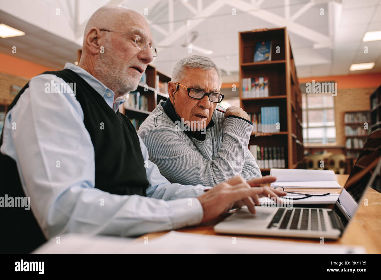 Side view of two elderly men working on laptop computer sitting in ...