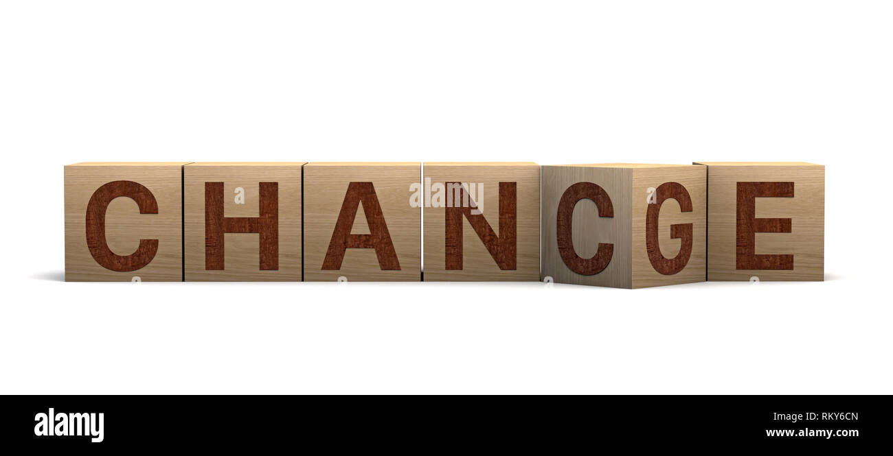 Wooden cube flip with word "change" to "chance" on a white background ...
