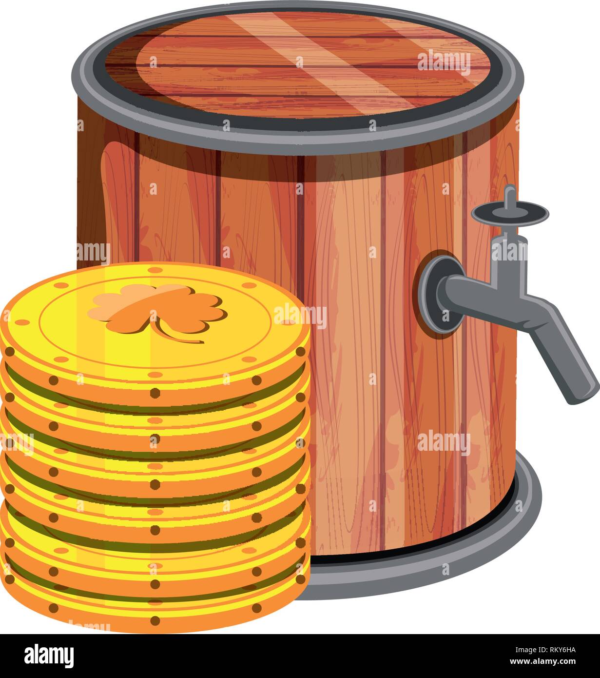 barrel wooden beer with pile coins vector illustration design Stock ...