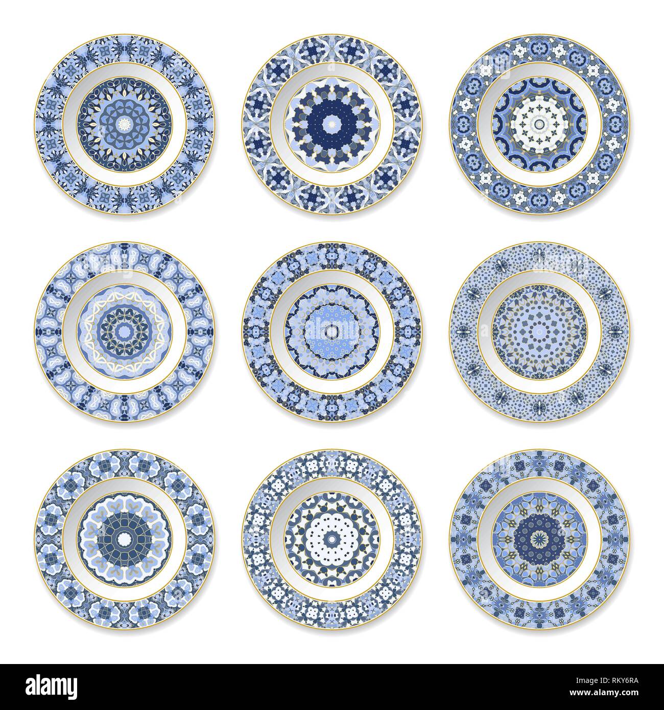 Set of decorative plates with a circular blue pattern, top view. White ...