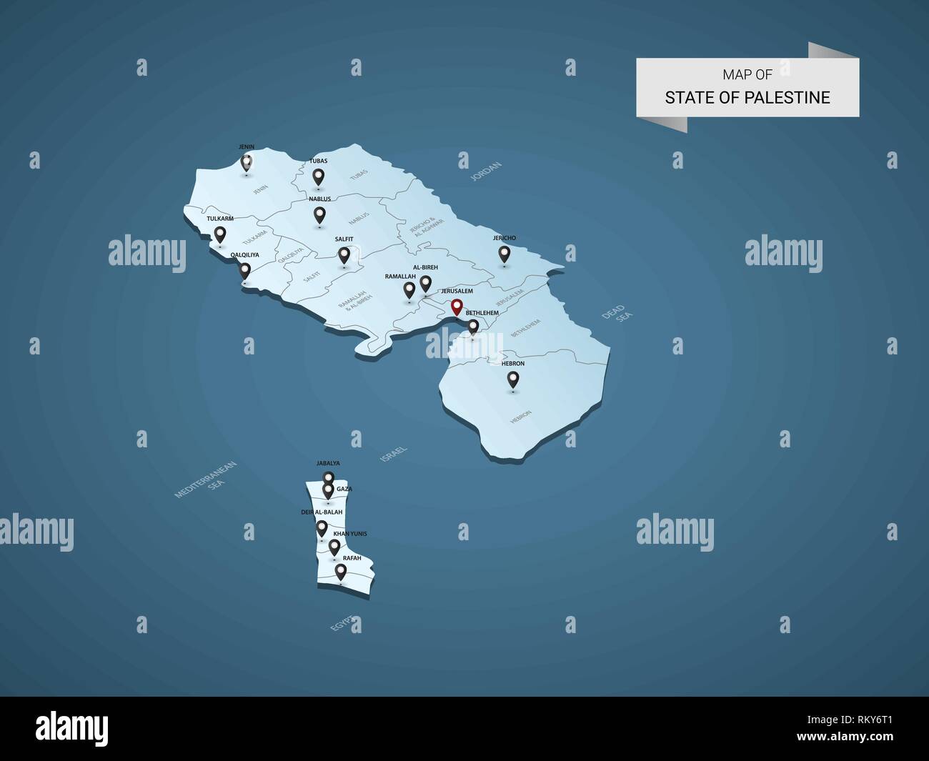 Isometric 3D Palestine map, vector illustration with cities, borders ...