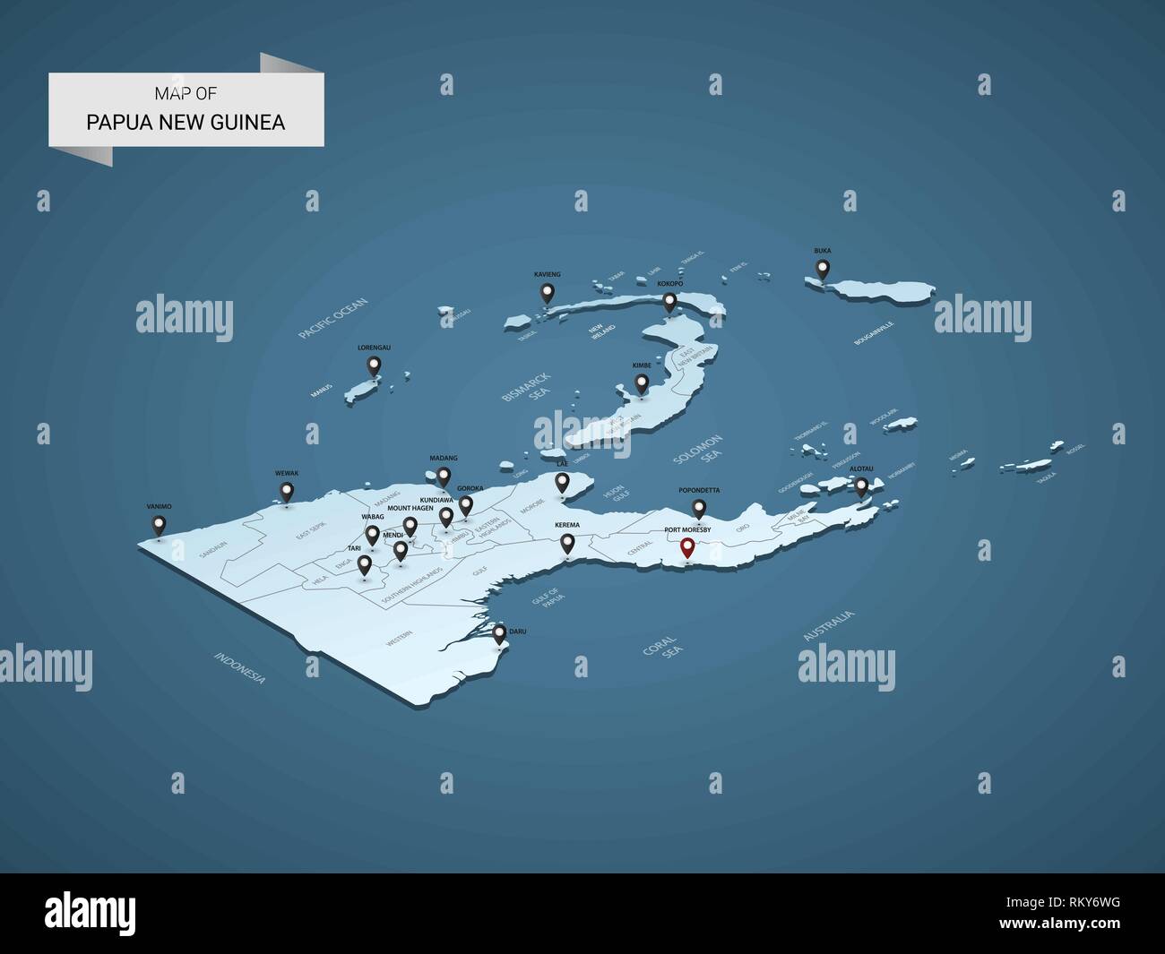 Isometric 3D Papua New Guinea map, vector illustration with cities ...