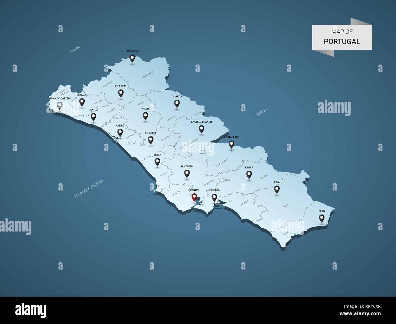Isometric 3D Portugal map, vector illustration with cities, borders ...