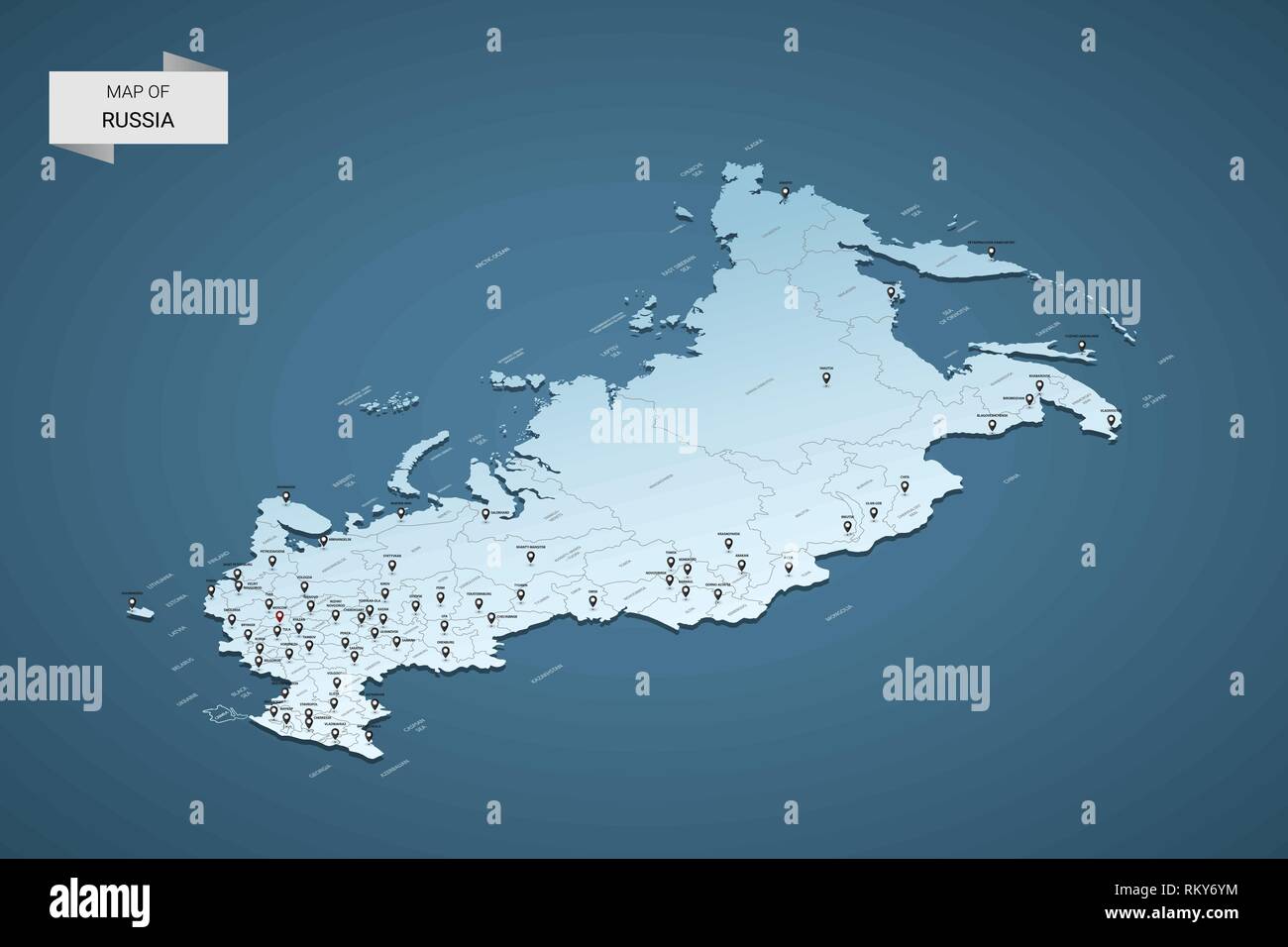 Isometric 3D Russia map, vector illustration with cities, borders ...