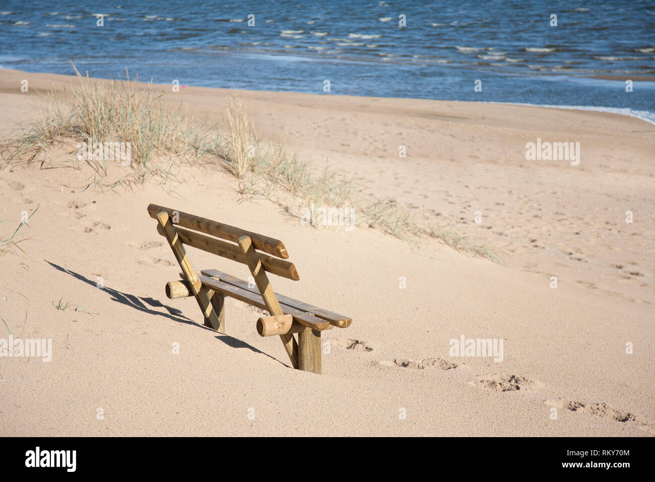 Wooden Bench on the Beach Stock Photo - Alamy