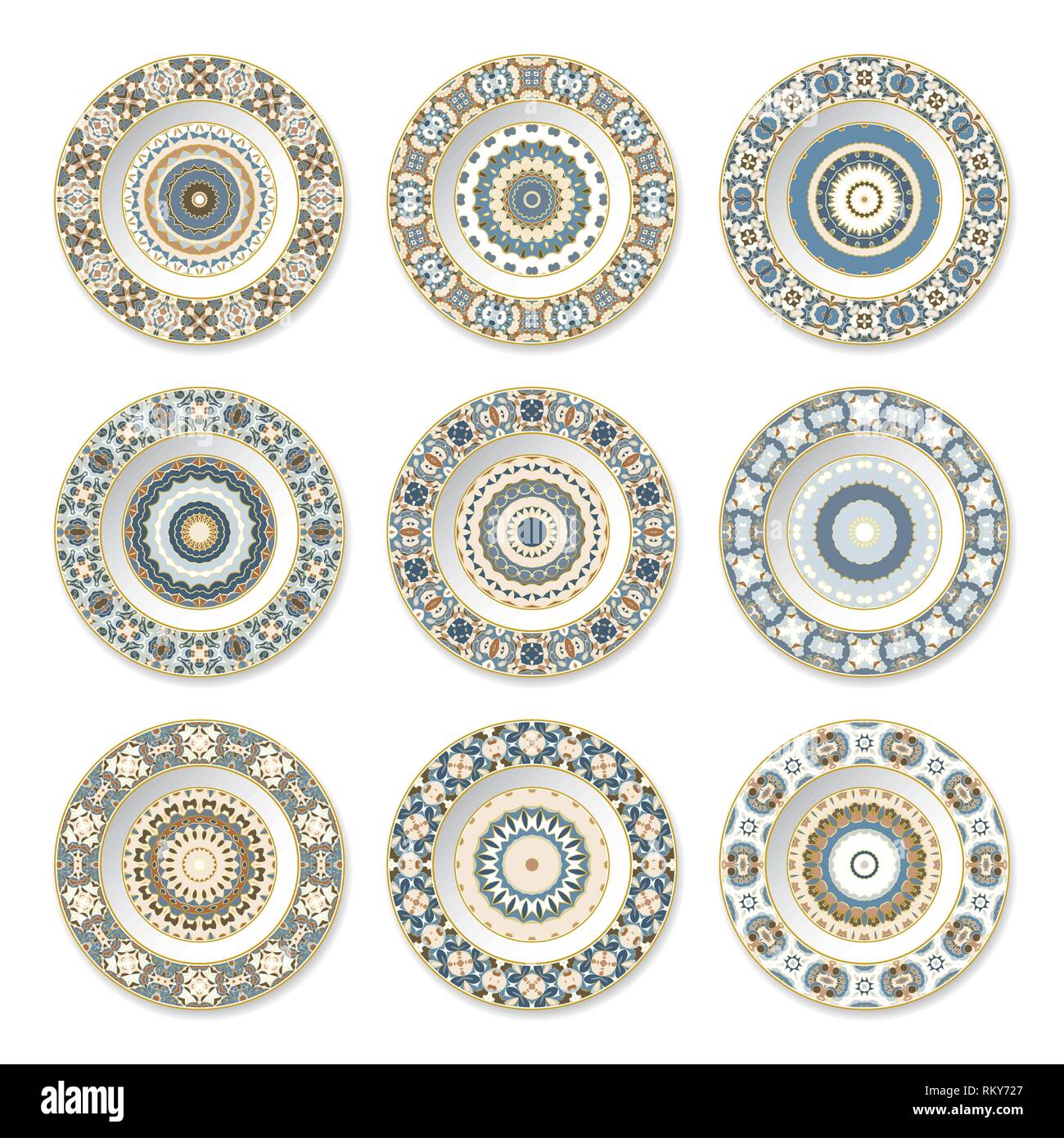 Set of decorative plates with a circular blue pattern, top view. White ...