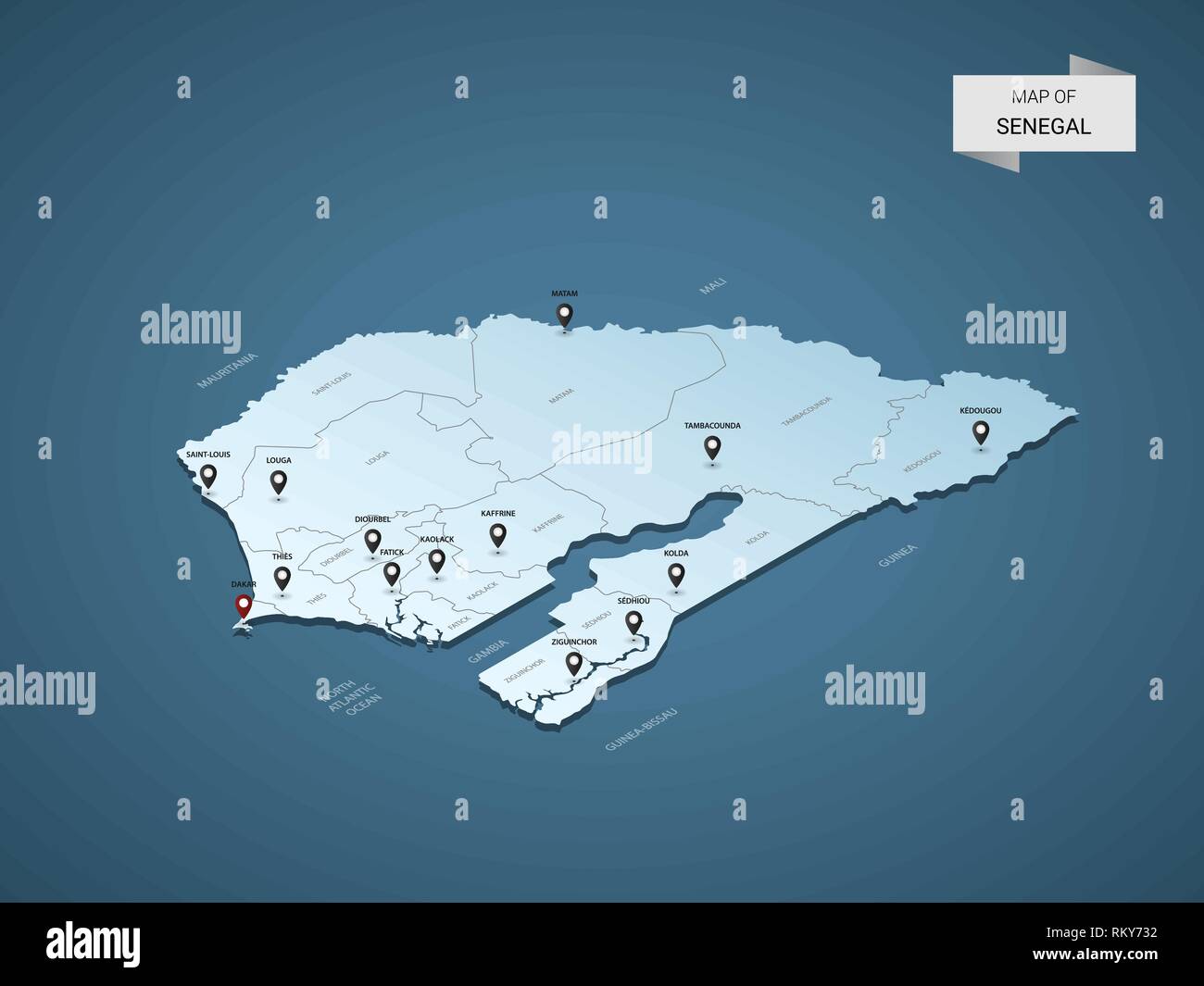 Isometric 3D Senegal map, vector illustration with cities, borders ...