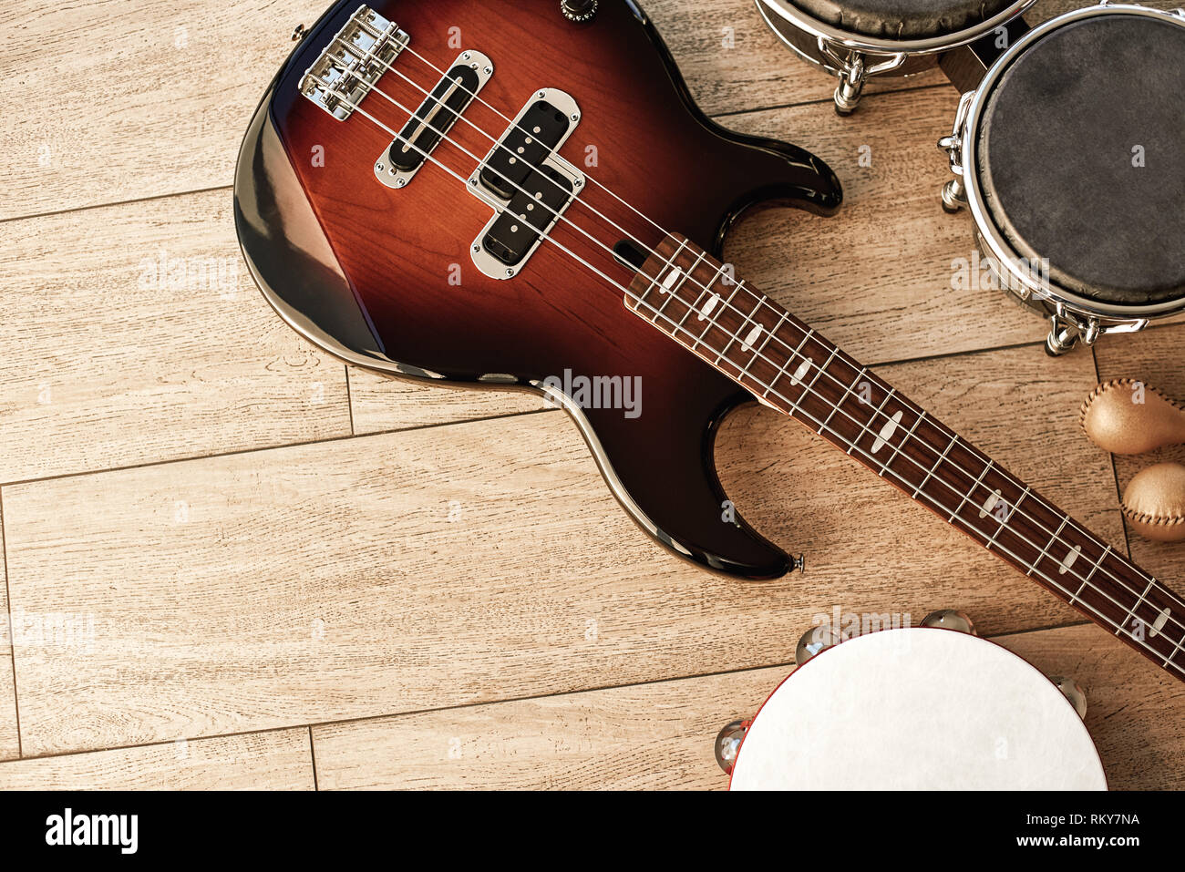 Ready for performance. Top view of musical instruments set: brown ...
