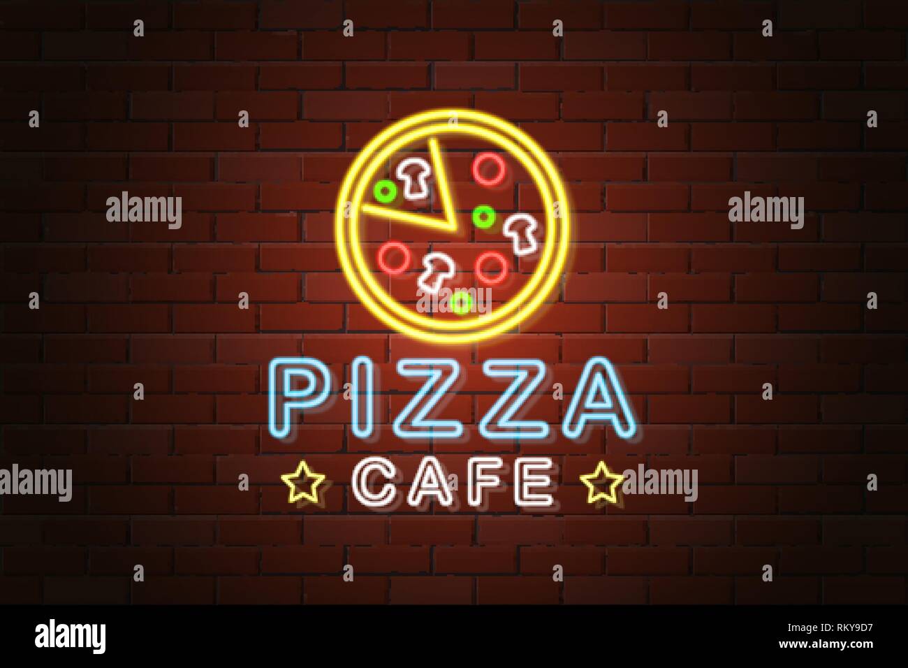 glowing neon signboard pizza cafe vector illustration on brick wall ...