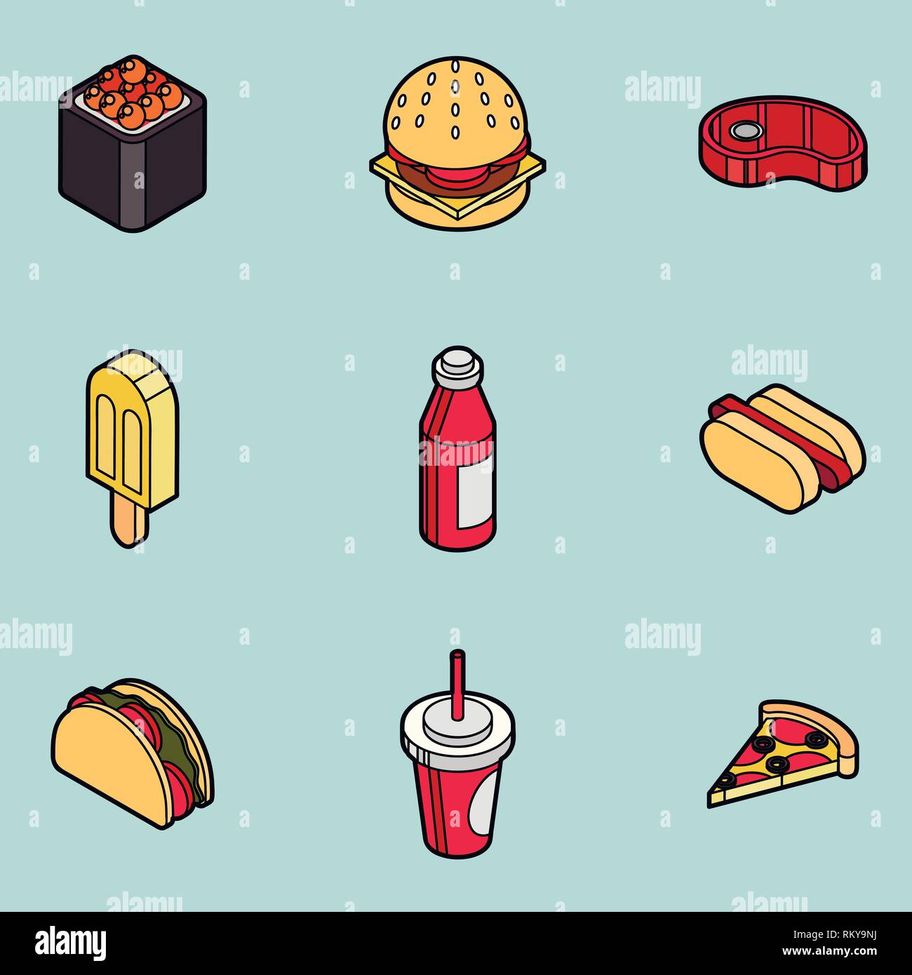 Fast food outline color isometric icons. Vector illustration, EPS 10 ...
