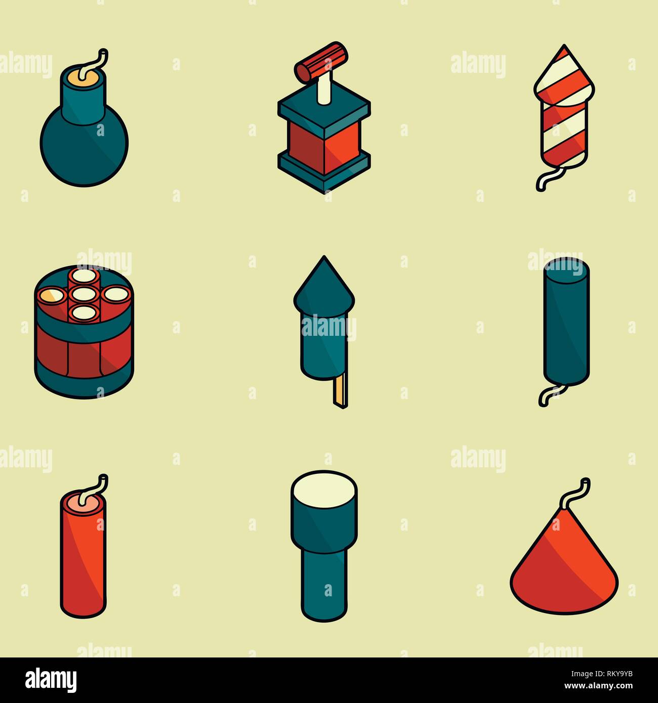 Pyrotechnics color outline isometric icons. Vector illustration, EPS 10 ...