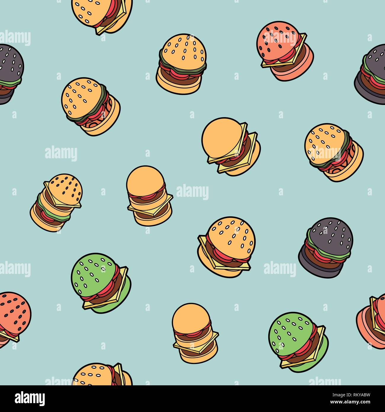 Burgers color outline isometric pattern. Fast food design icons set ...
