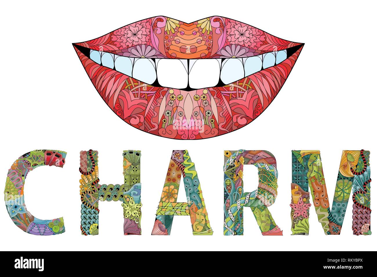 Word CHARM with silhouette of lips. Vector decorative zentangle object ...
