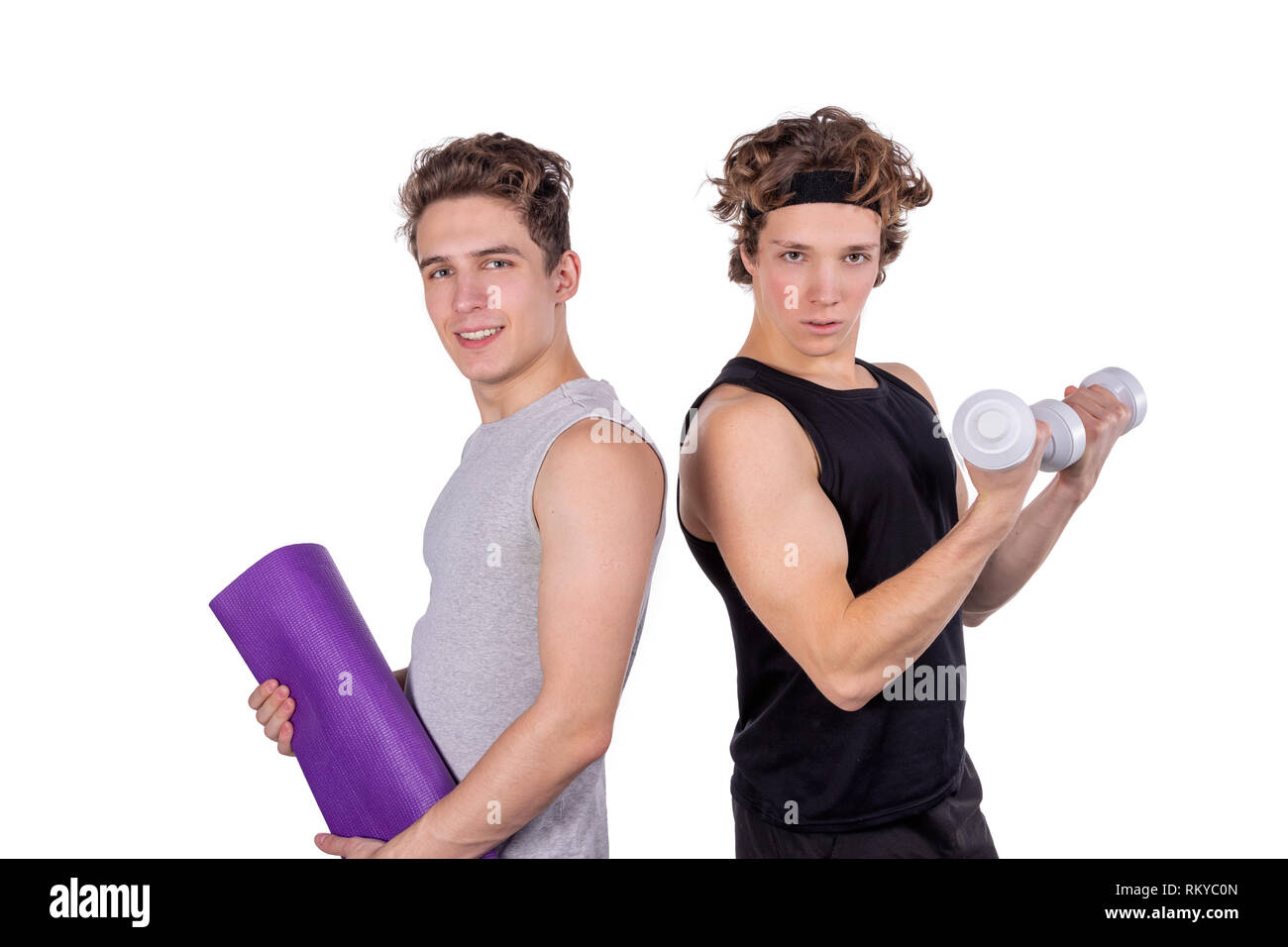 Two handsome guys doing fitness workout with weights isolated Stock ...