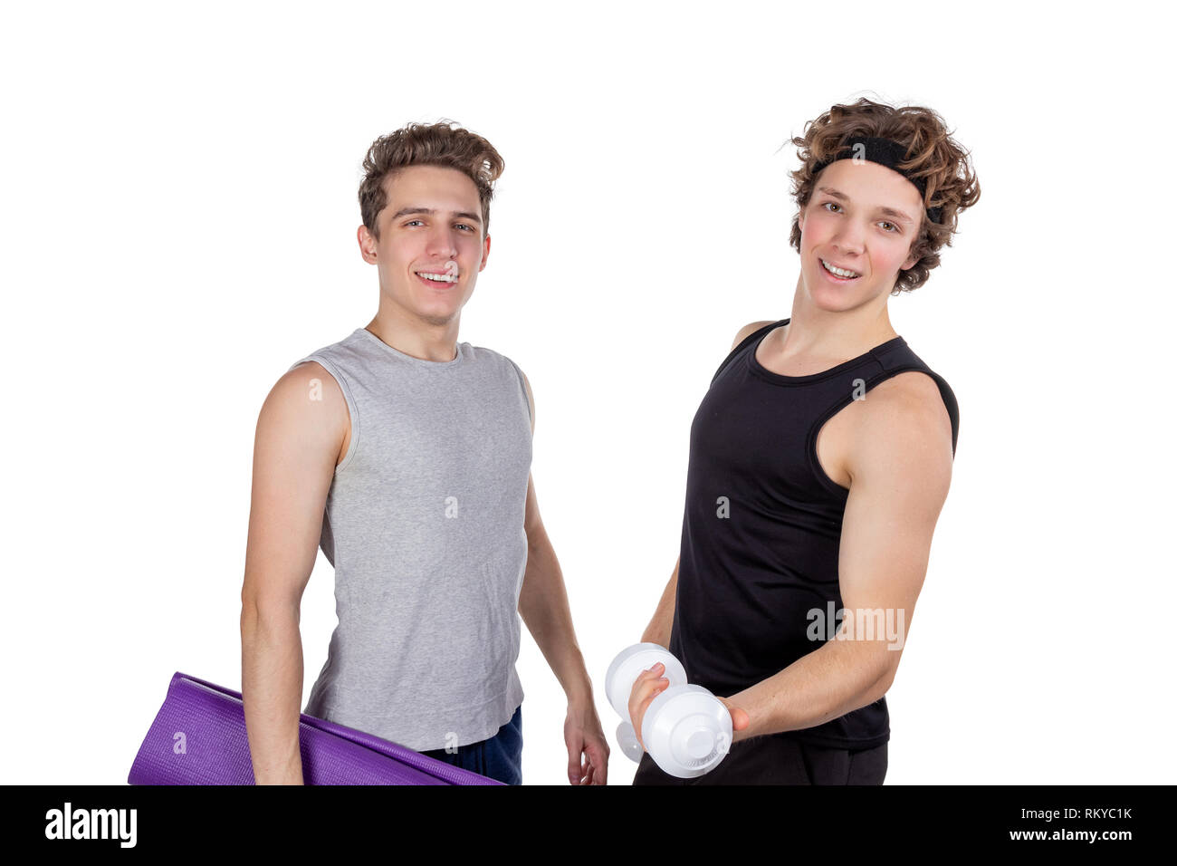 Two handsome guys doing fitness workout with weights isolated Stock ...