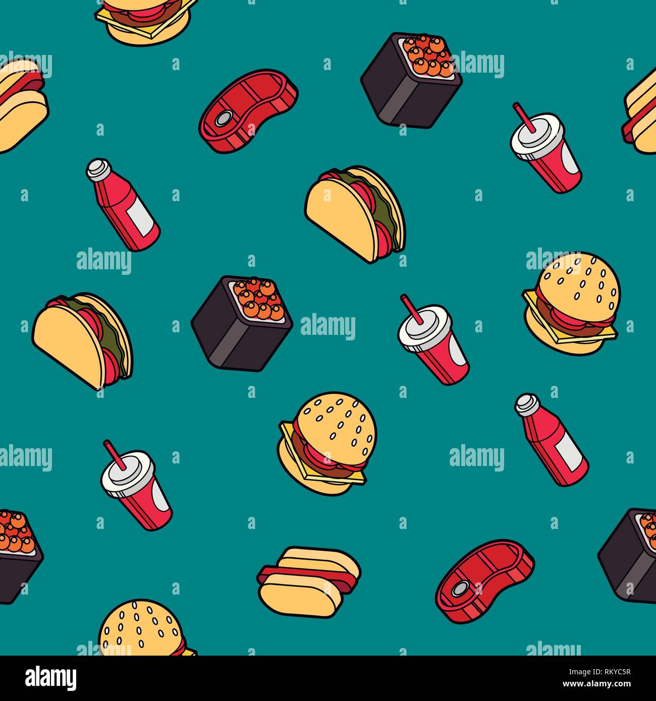 Fast food outline color isometric pattern. Vector illustration, EPS 10 ...