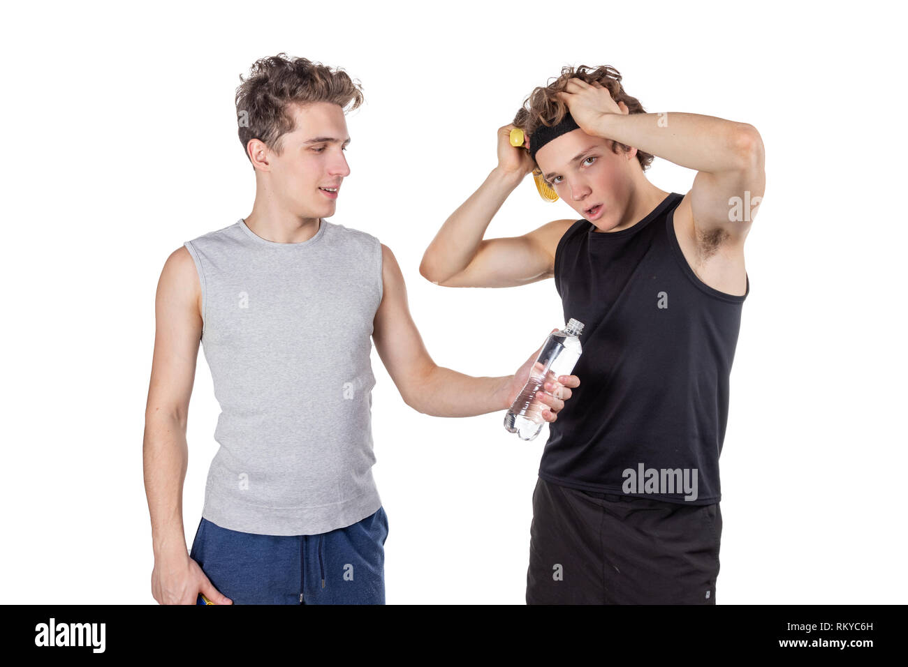Two handsome guys doing fitness workout with weights isolated Stock ...