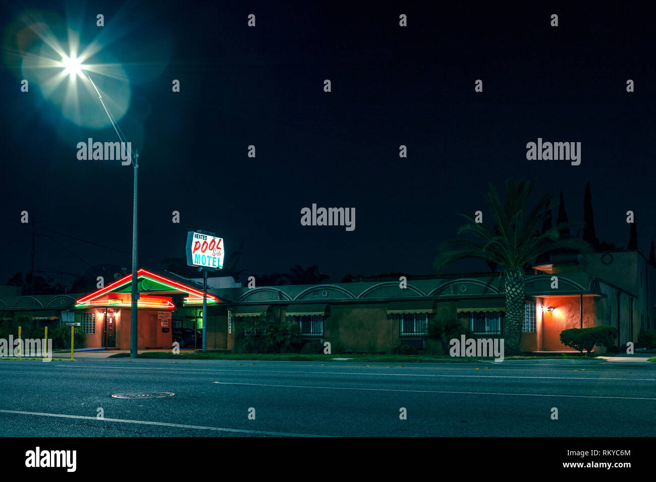 Roadside motel with neon lights in Long Beach in California Stock Photo ...