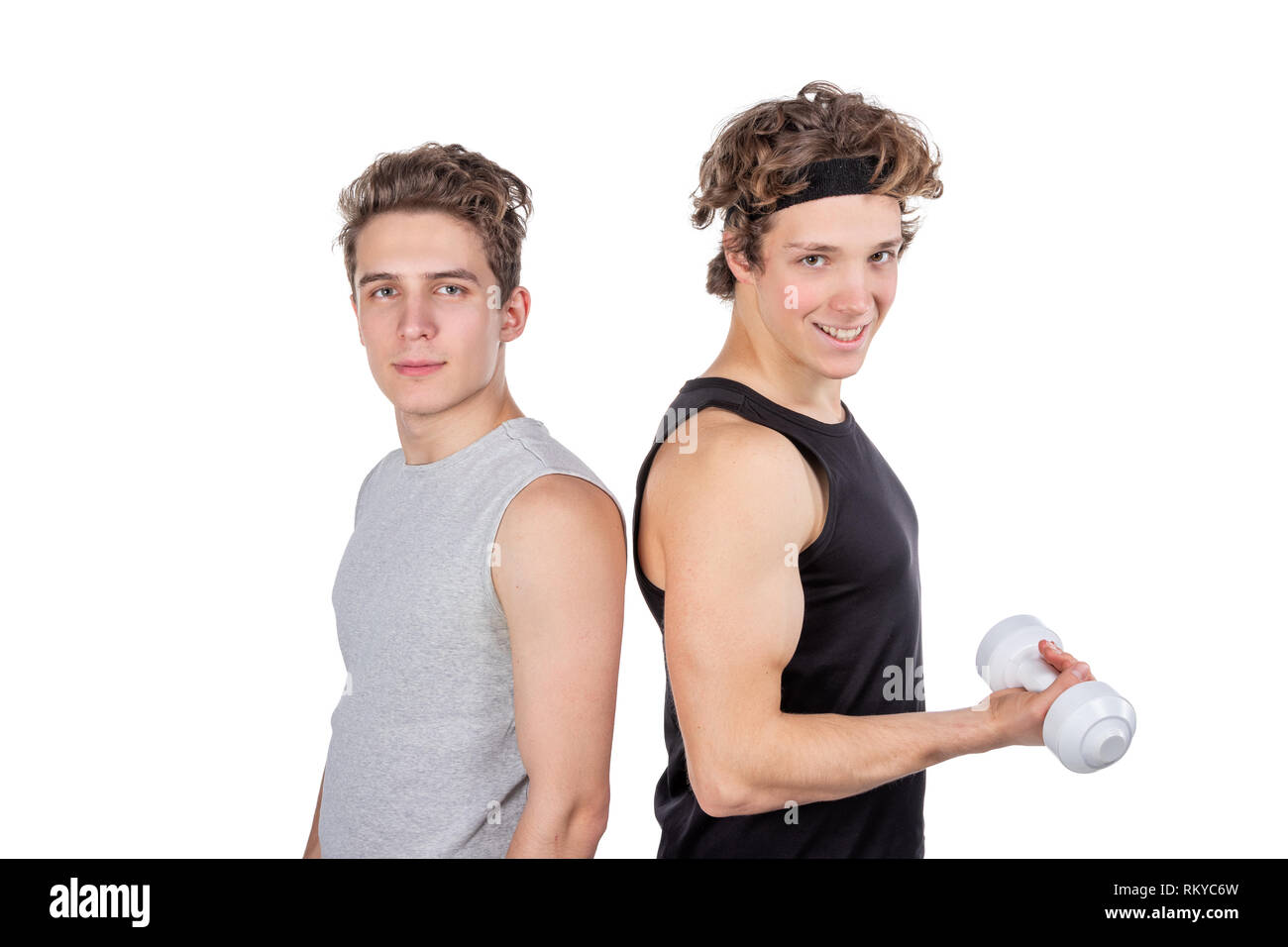 Two handsome guys doing fitness workout with weights isolated Stock ...