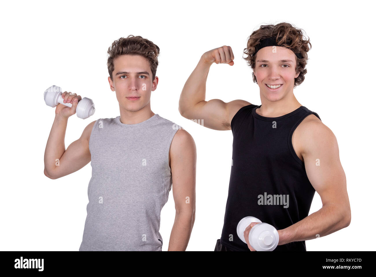 Two handsome guys doing fitness workout with weights isolated Stock ...