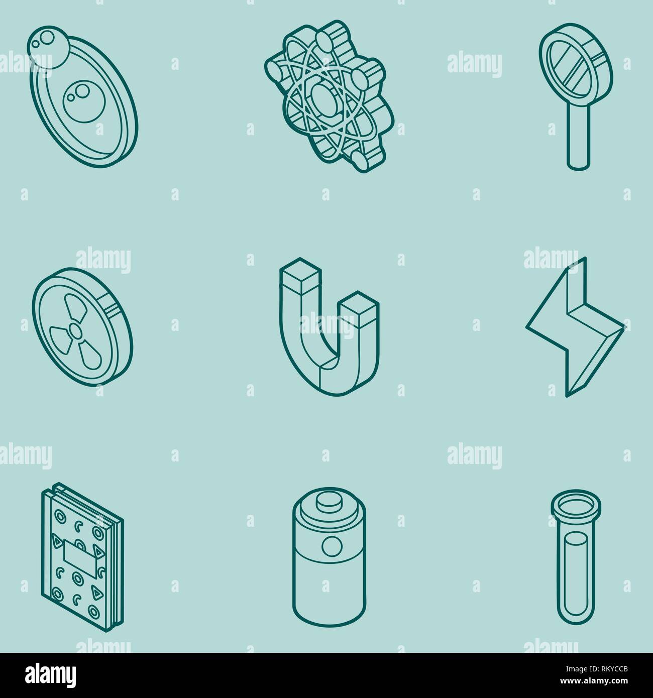 Physics color outline isomeric icons and science equipment concept ...