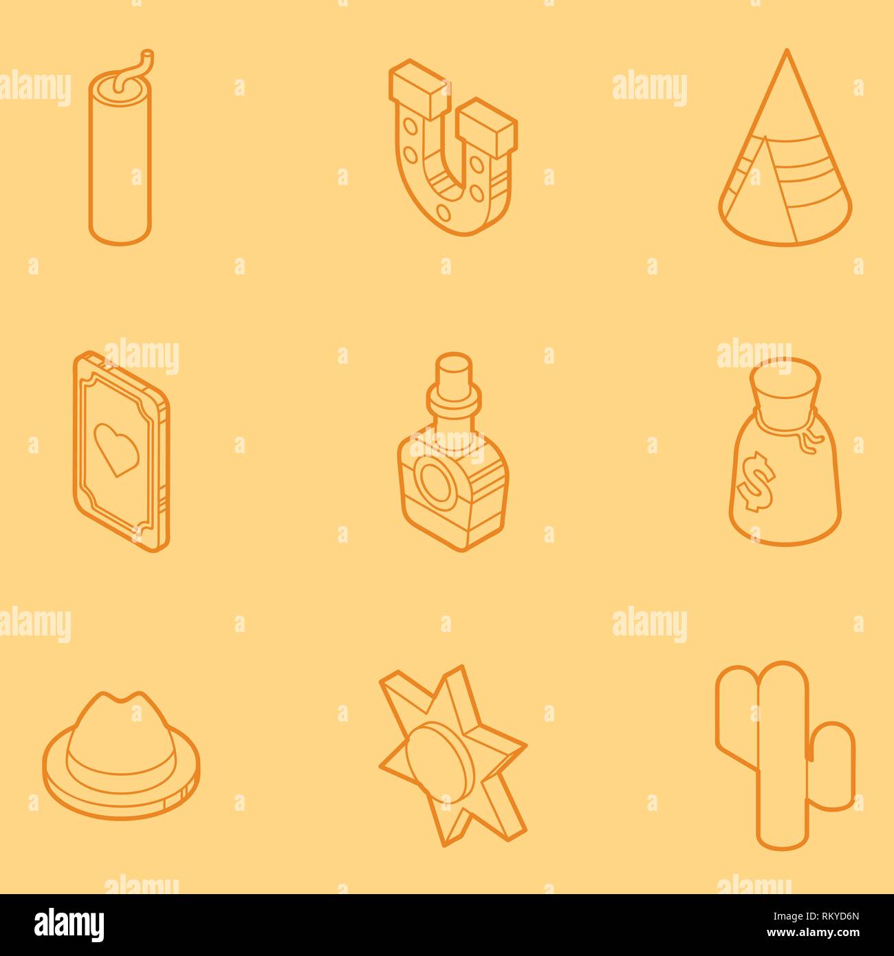 Wild west color outline isometric icons. American Frontier. Vector ...
