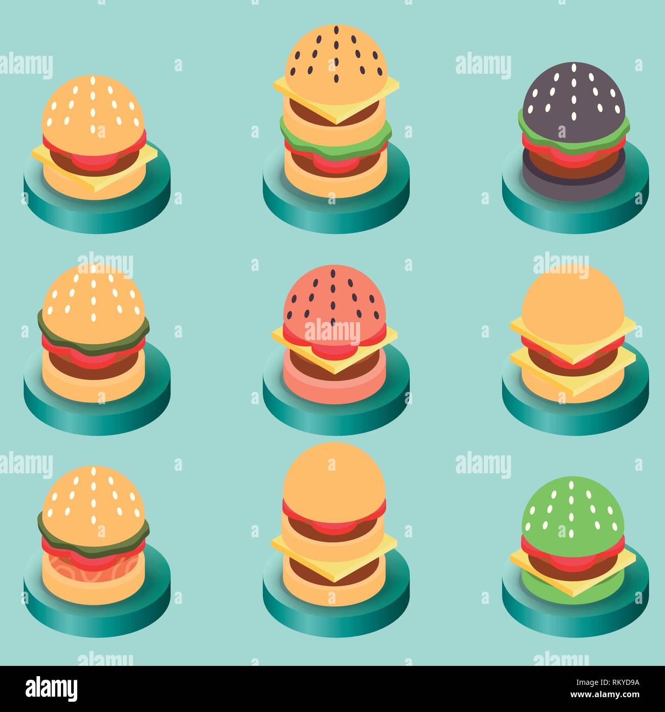 Burgers color isometric icons. Fast food design icons set Stock Vector ...