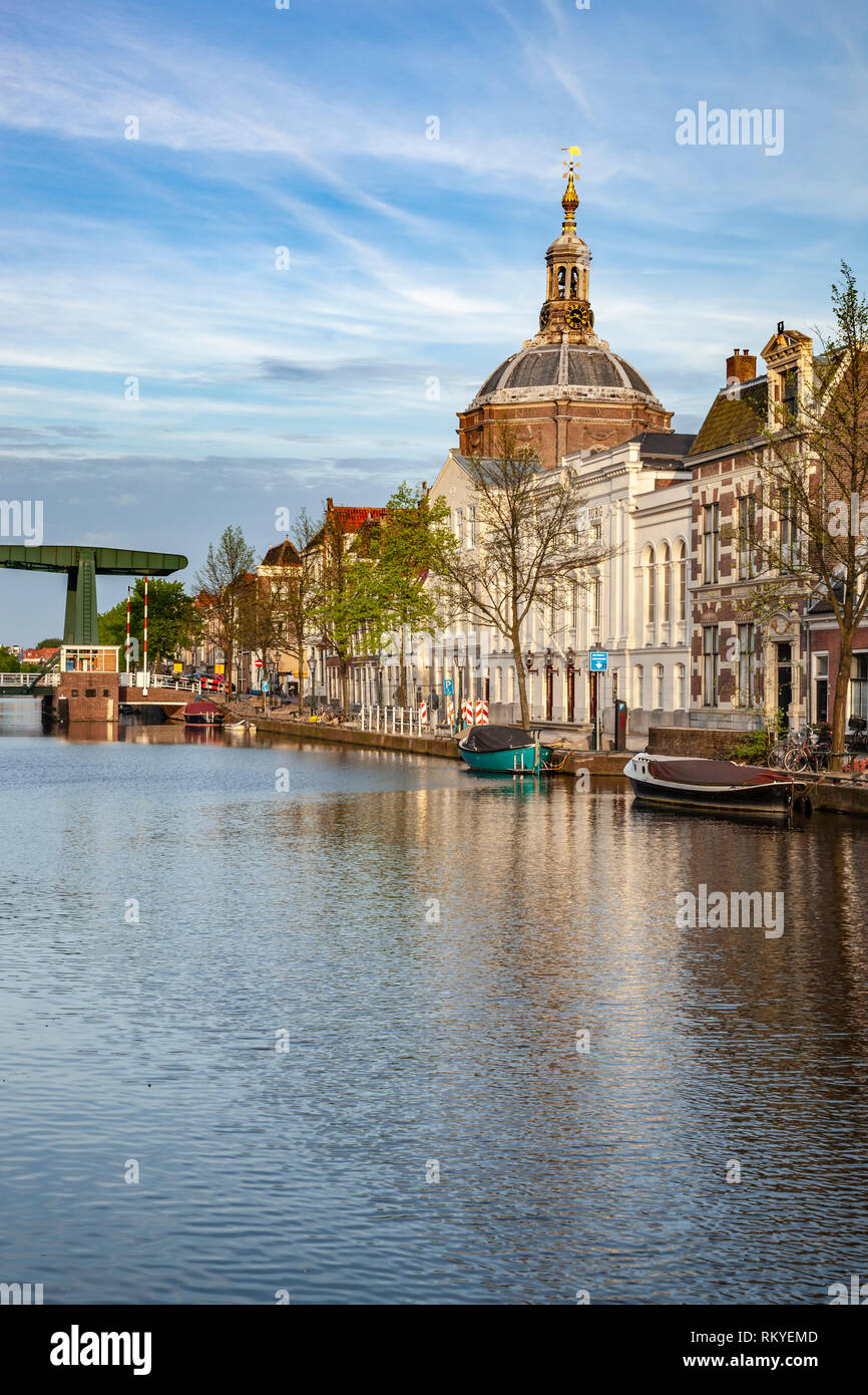Canal and Marekerk (church) dome, Leiden, Holland, The Netherlands ...