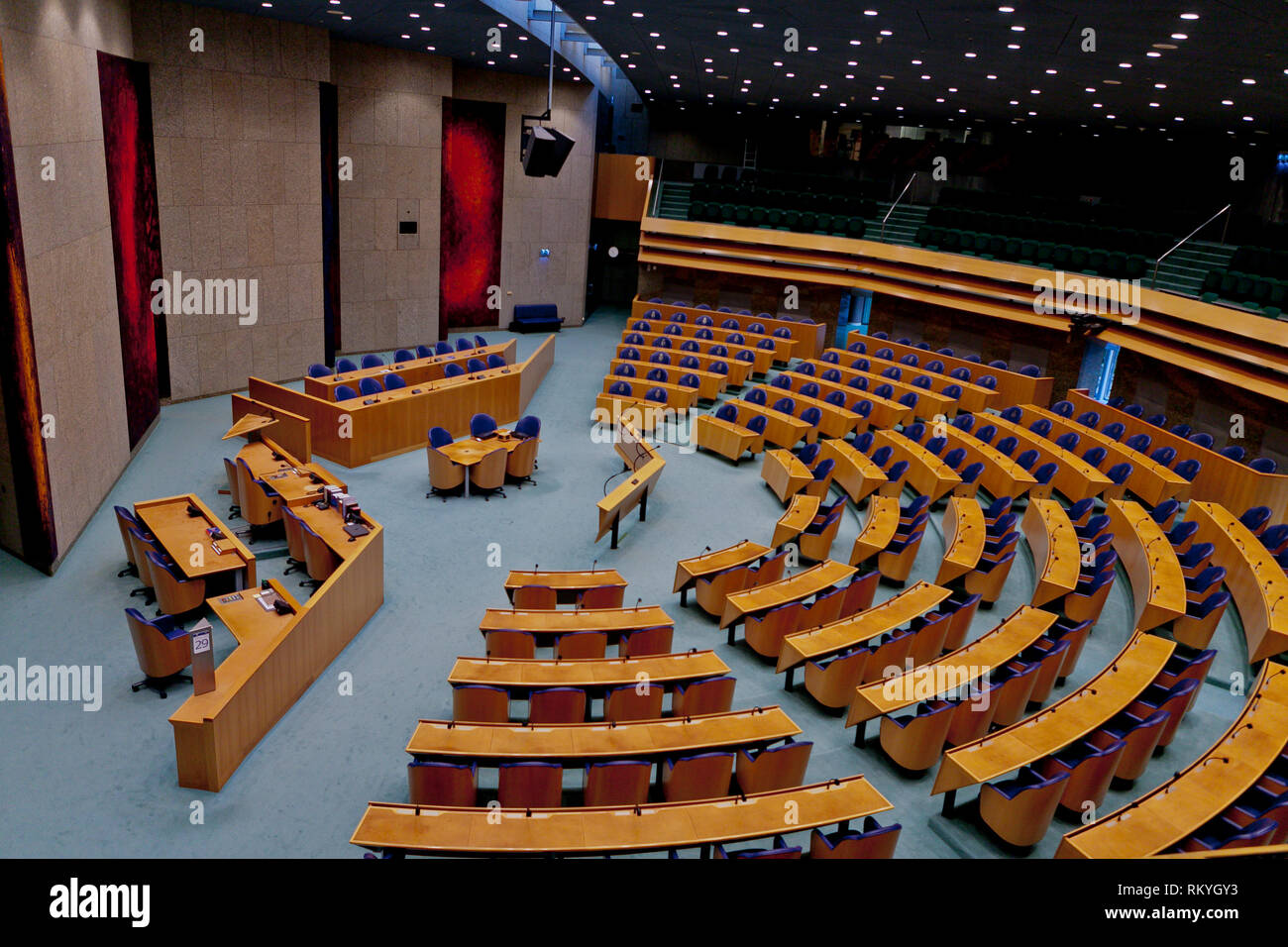 Wide view of interior of the empty plenary hall of the House of ...