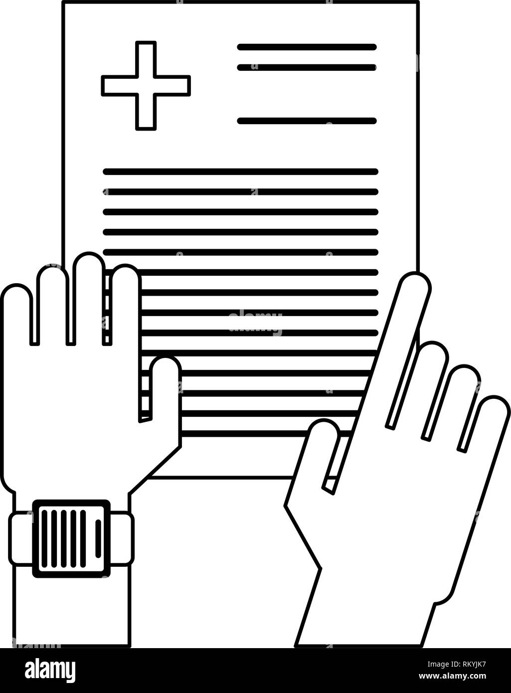 doctor hands checking medical report black and white Stock Vector Image ...