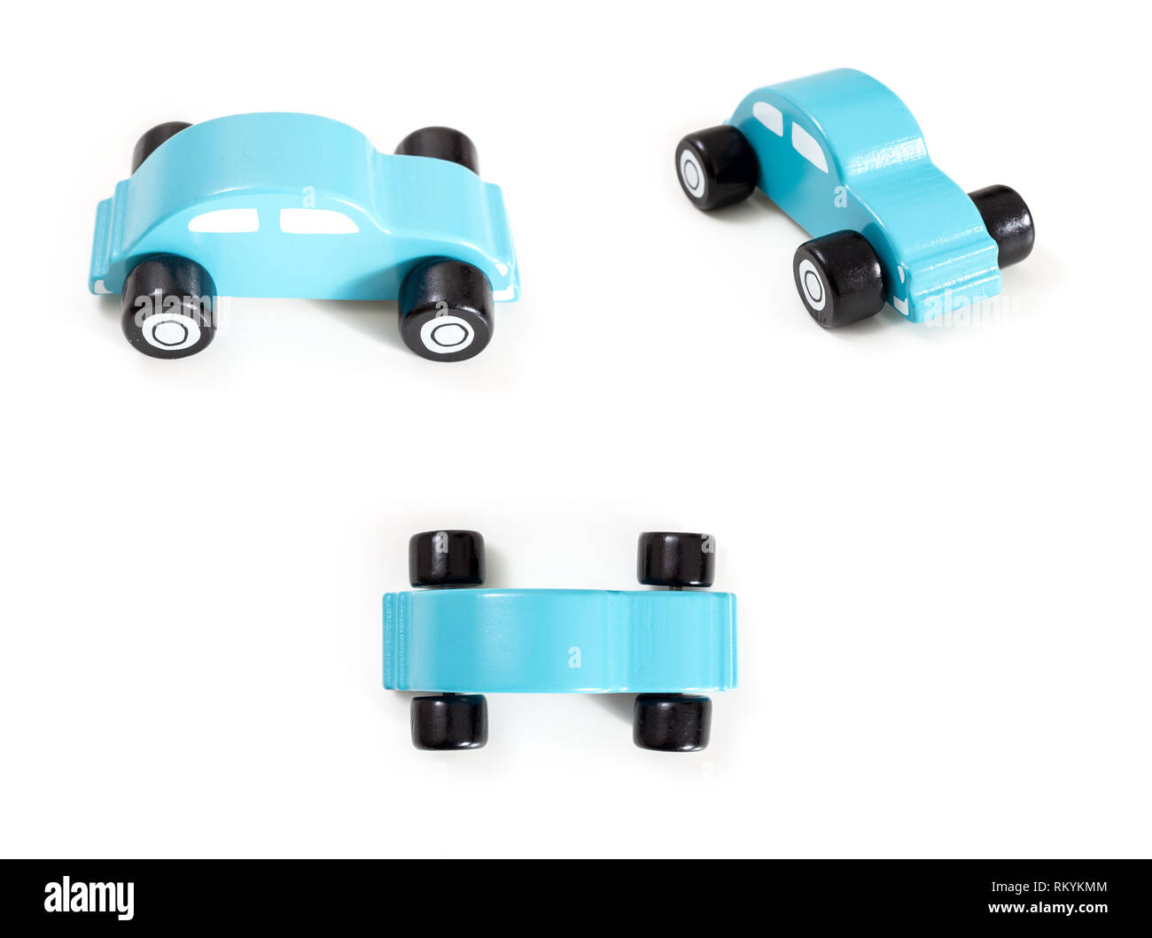A blue toy car front, side and top view, on white background Stock ...