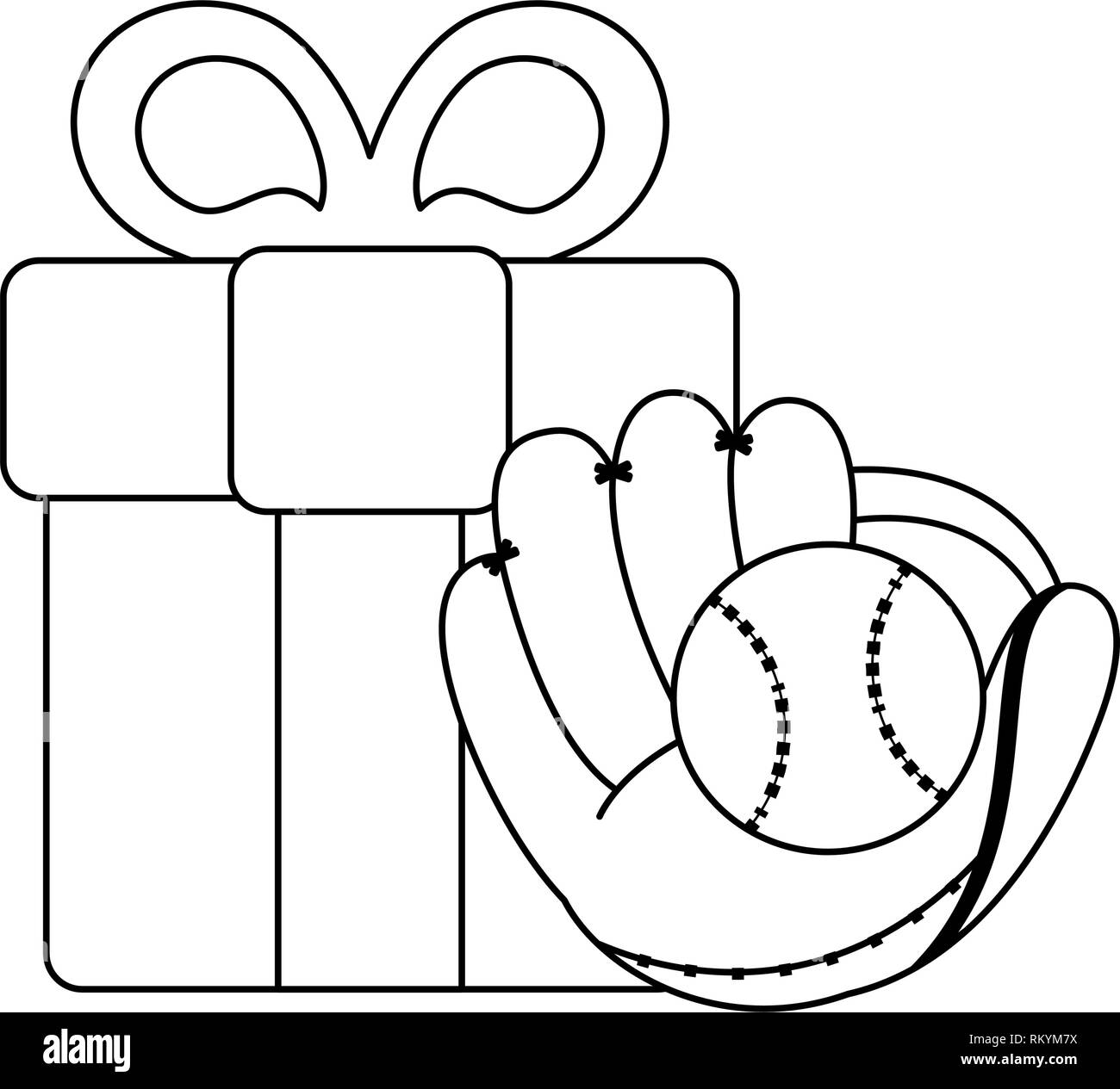 baseball glove and ball with gift box black and white Stock Vector ...