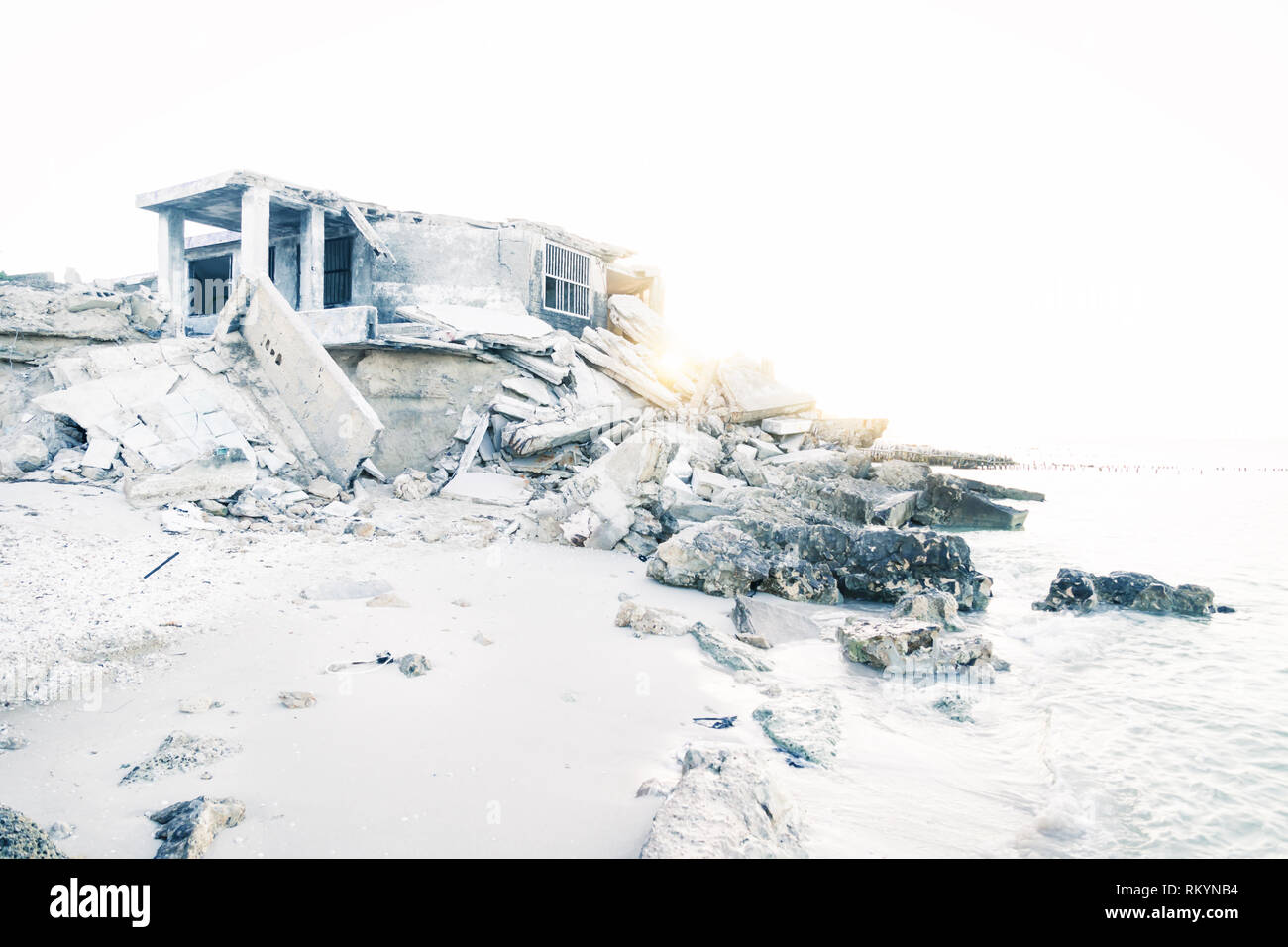 Abandoned falling apart house during sunset at the beach in Chelem ...