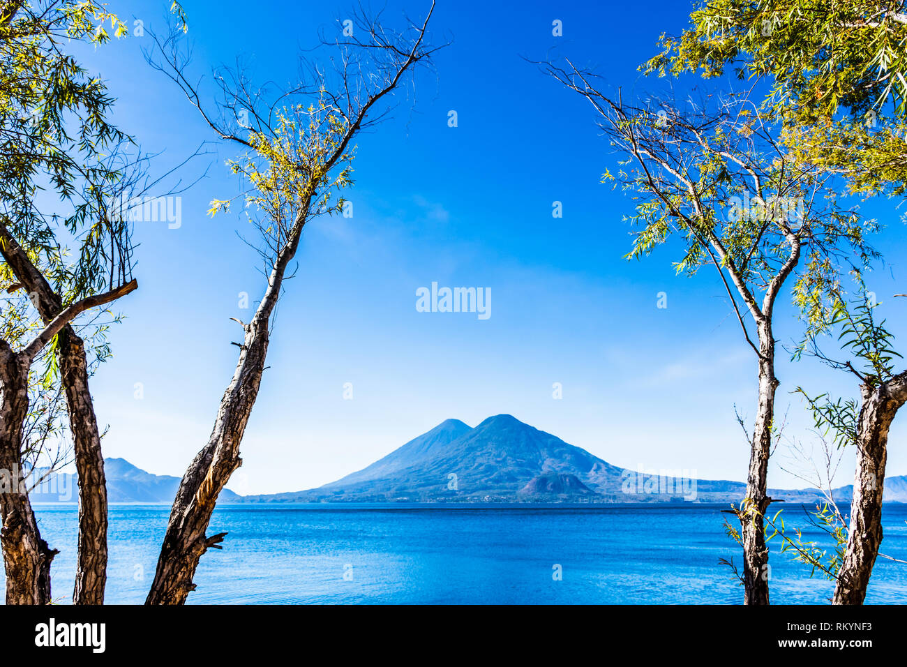 Atitlan & Toliman volcanoes on Lake Atitlan in Guatemalan highlands ...