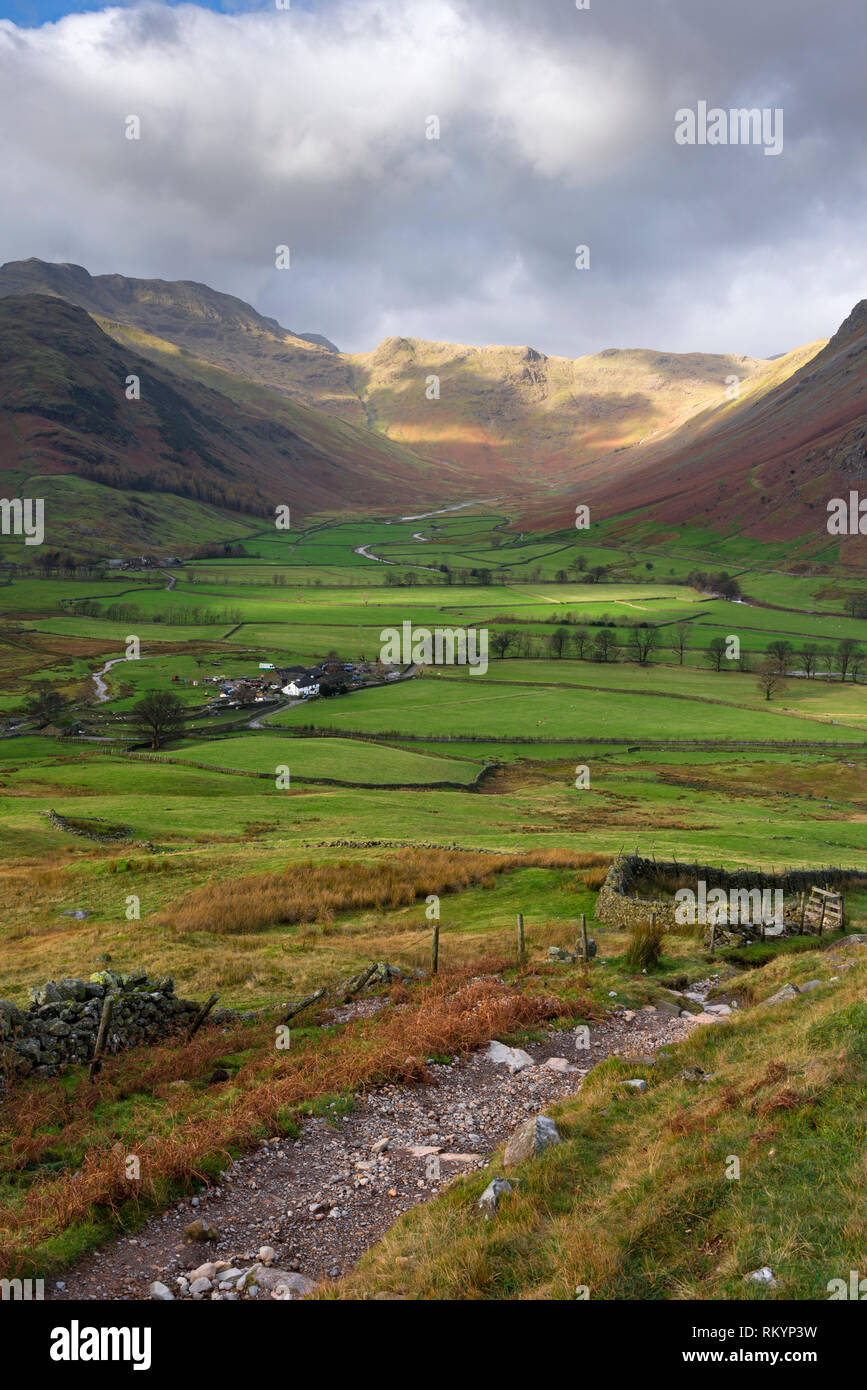 Autumnal view of the Langdale Valley towards Bow Fell in the Lake ...