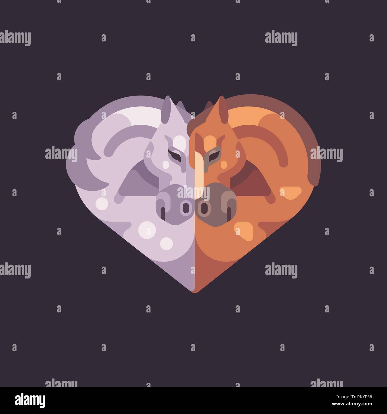 Two romantic horses in the shape of a heart. Valentine's Day flat ...