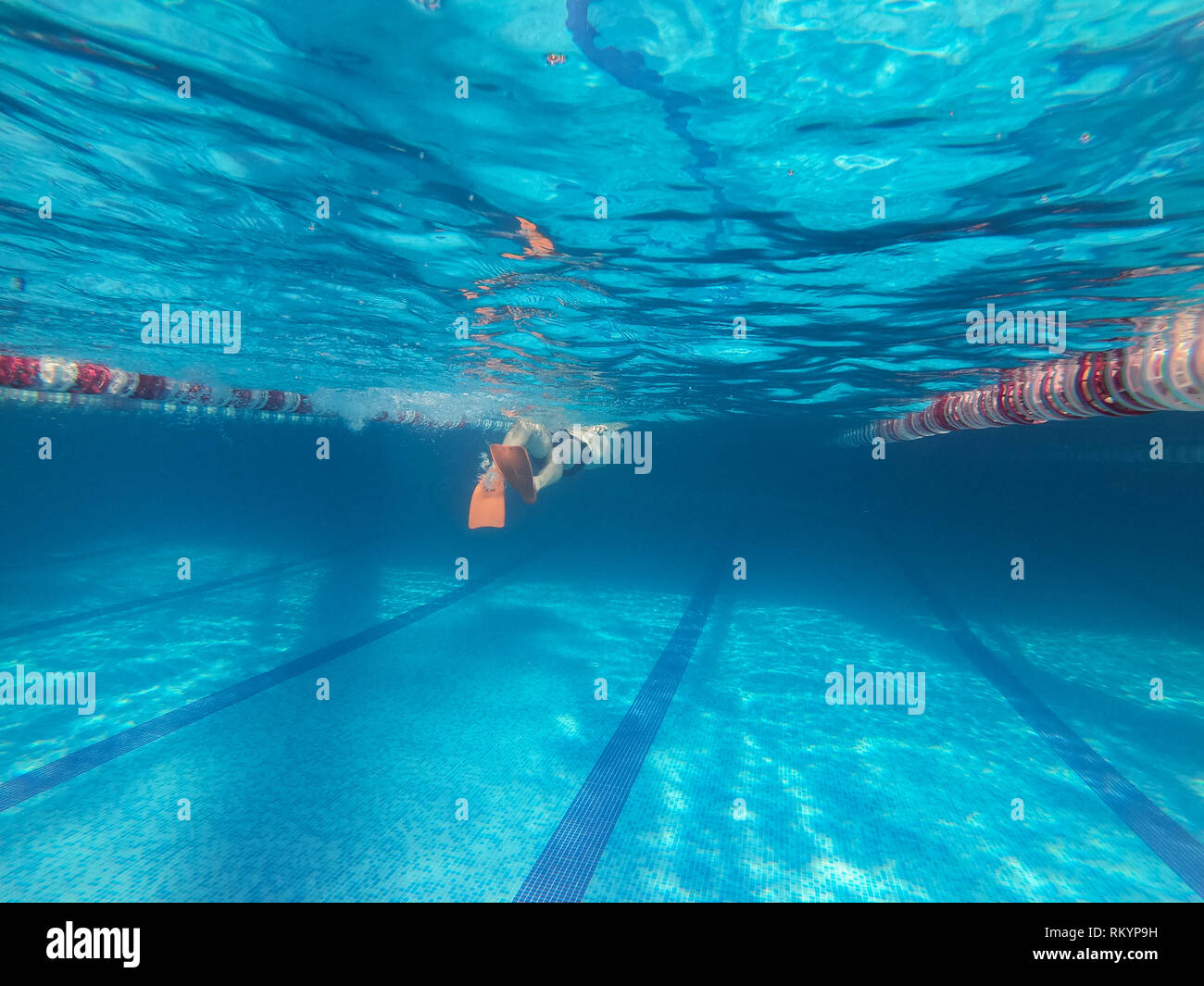 people swimming in pool view from the underwater. sporty lifestyle ...