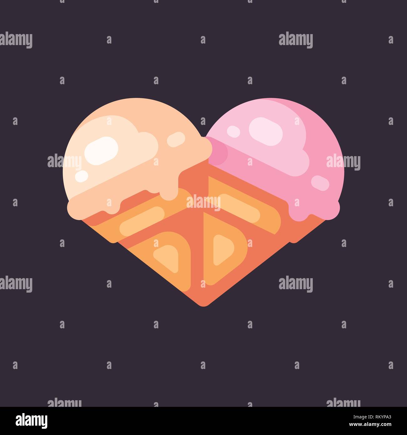 Two ice cream cones in the shape of a heart flat illustration Stock ...