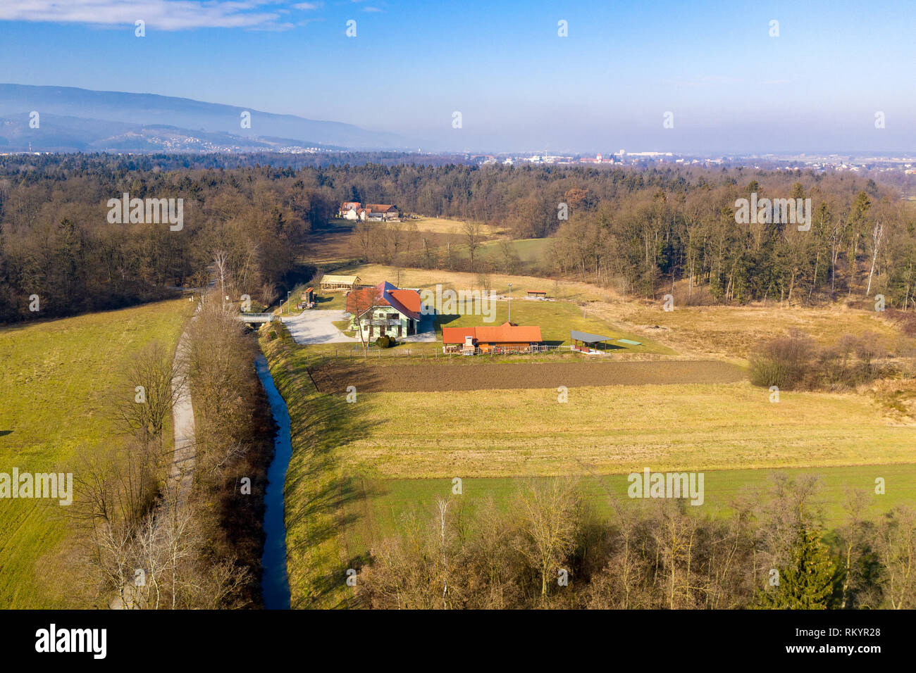 Hunting lodge and recreational area in rural landscape, modern two ...