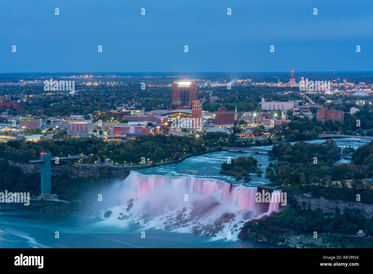 Night Aerial view of light up of the beautiful Niagara Falls at Canada ...