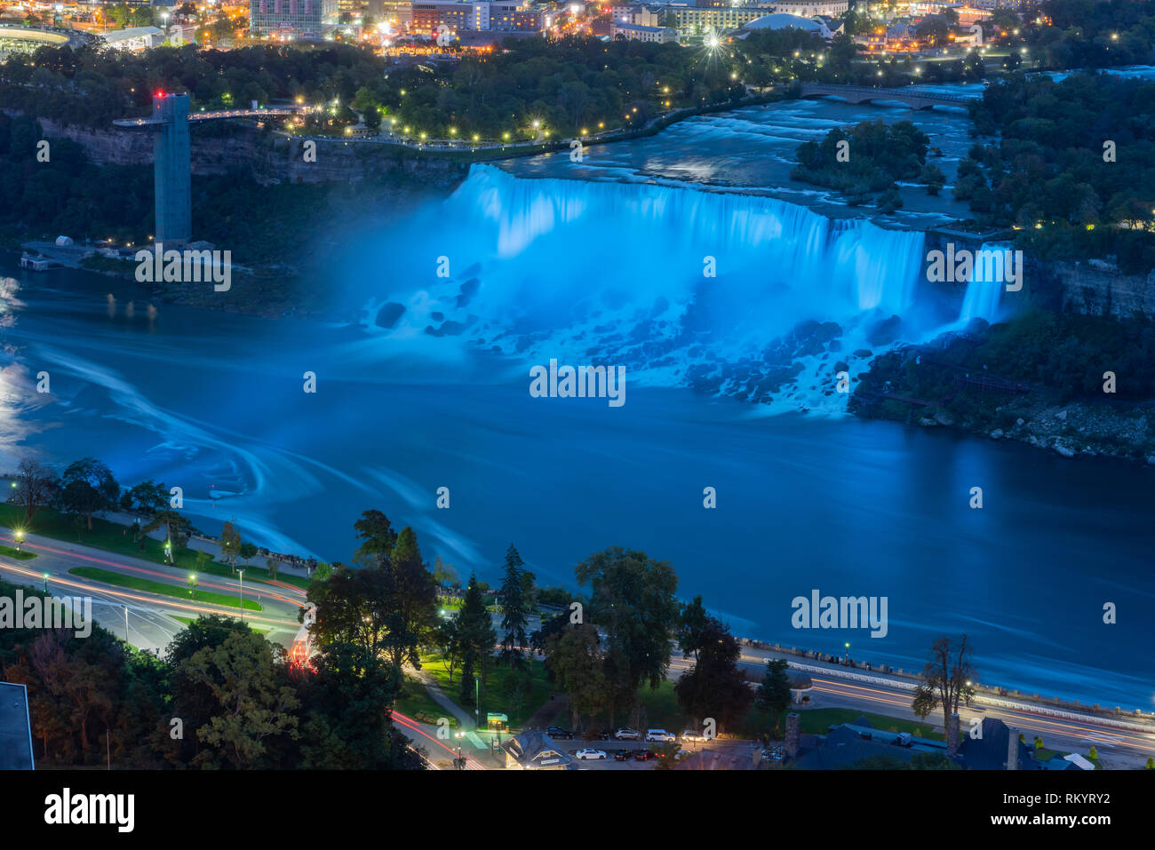 Night Aerial view of light up of the beautiful Niagara Falls at Canada ...
